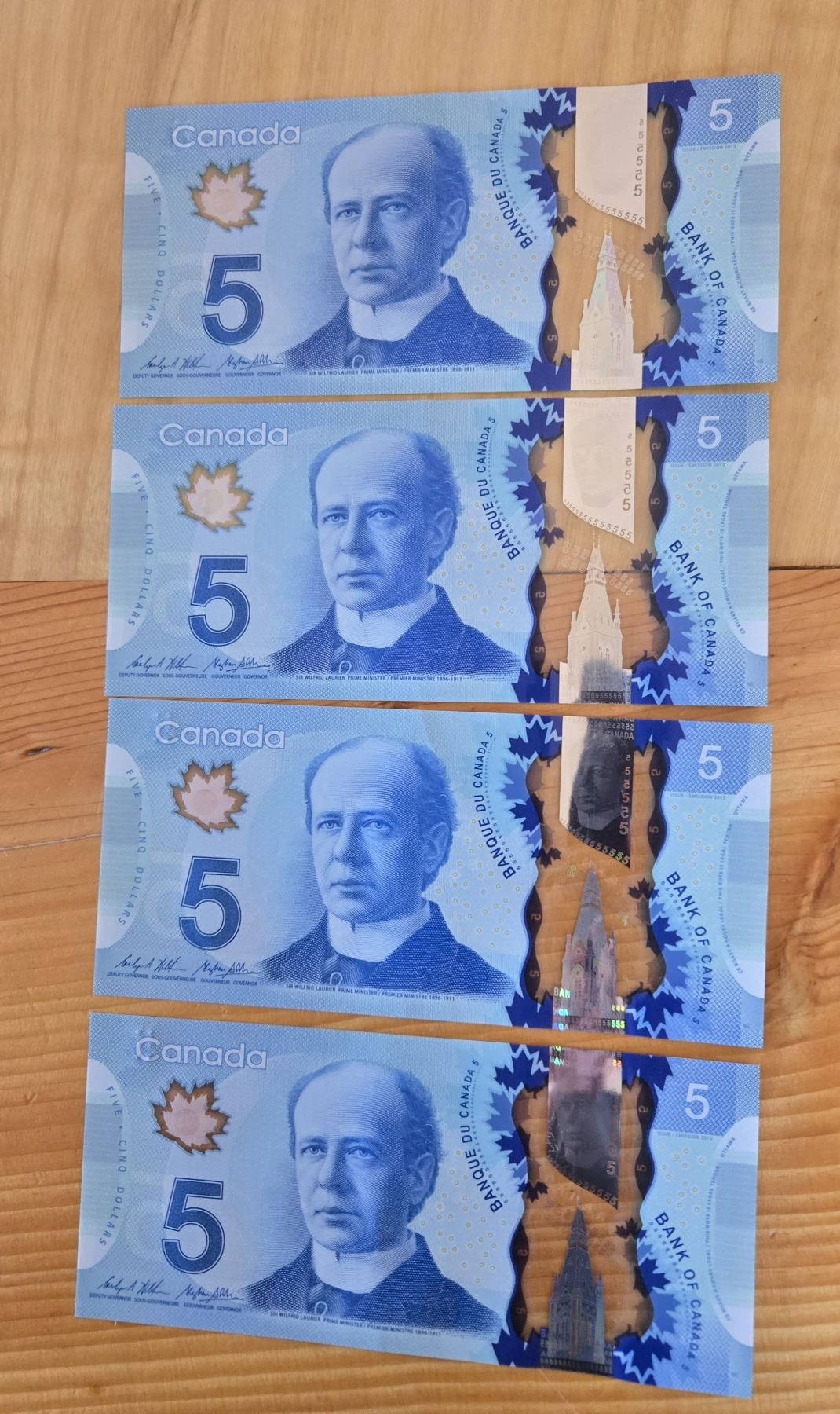Four Uncirculated Sequential Canadian Five Dollar Banknotes
