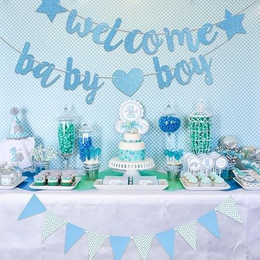 Welcome Baby Boy Banner Blue Glitter Paper Flags For Baby Shower ...