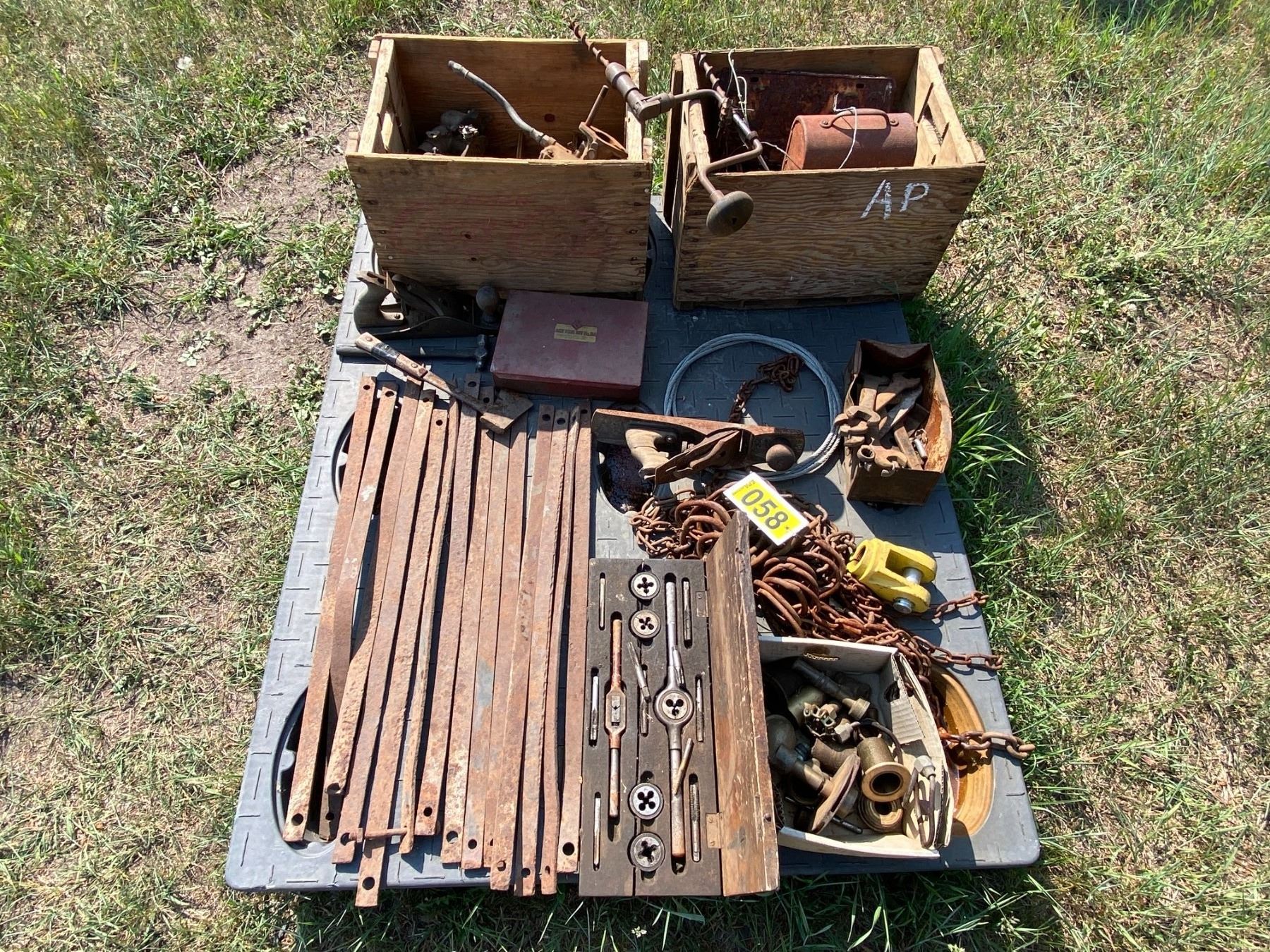AP Pallet of misc., tap & dye set, harow chains, old fencer, plain ...