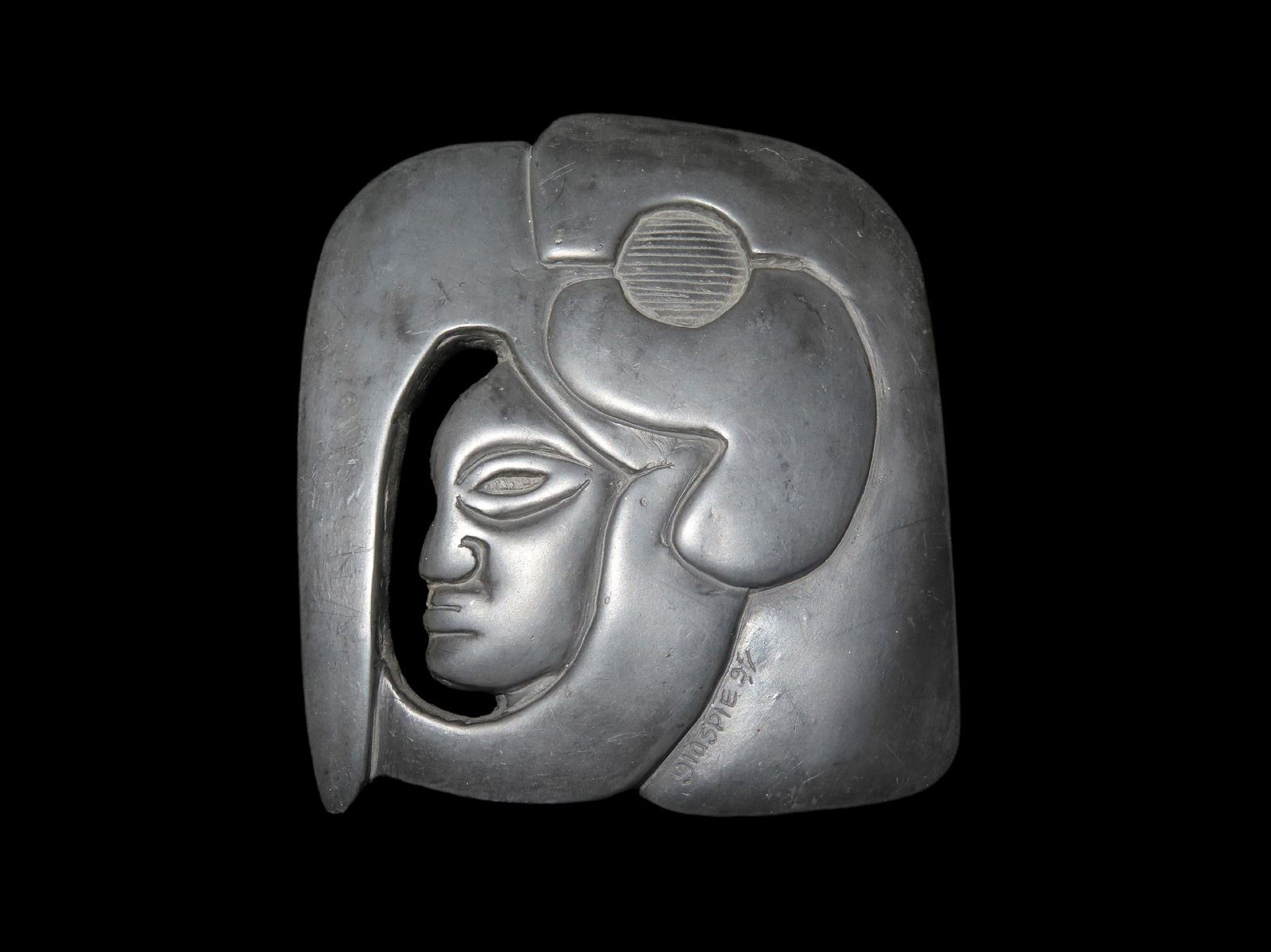 4 3/4" Mayan Artwork, Signed Glaspie 1996, Mayan Hatcha head of El Baul ...