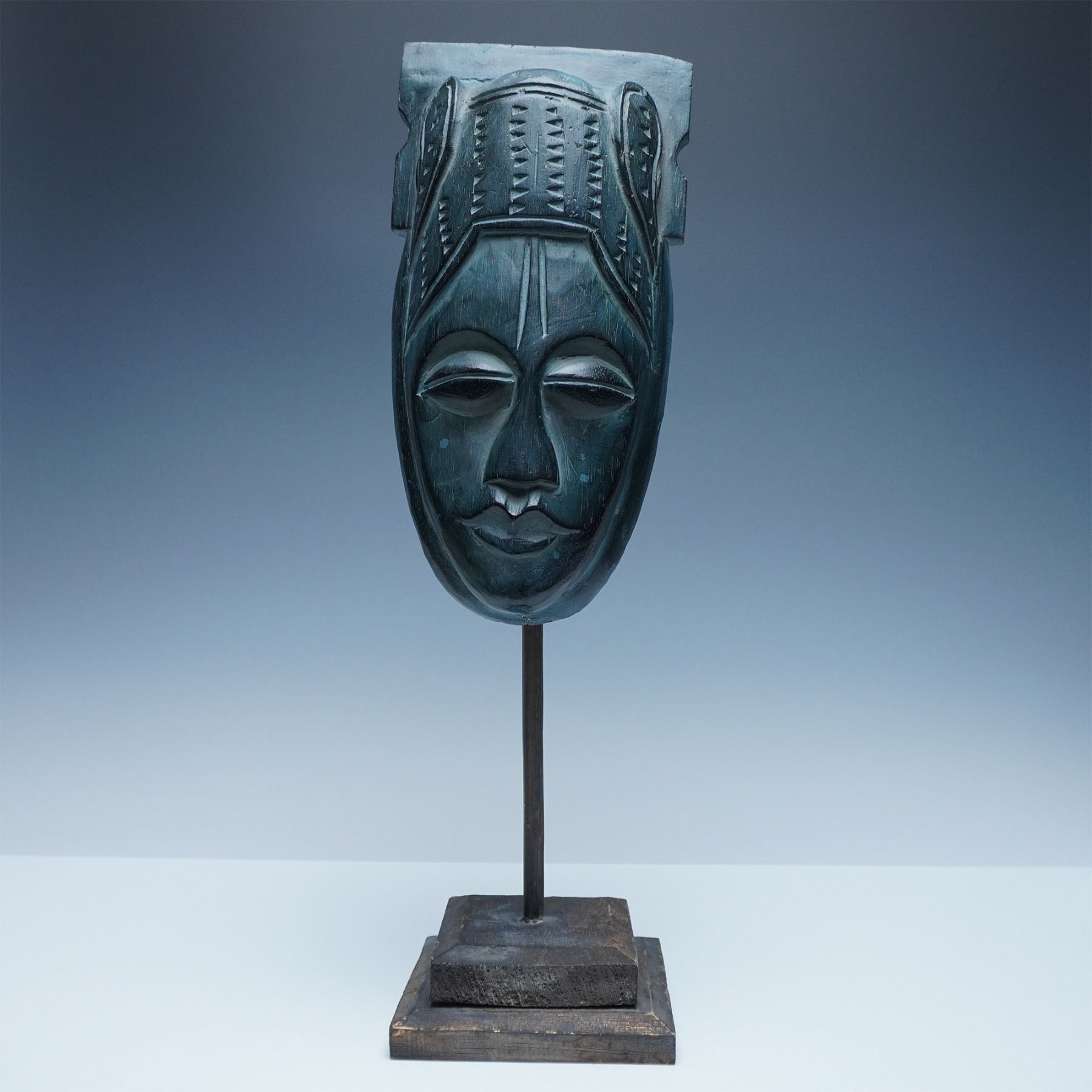 Indonesian Hand-Carved Wooden Mask on Stand