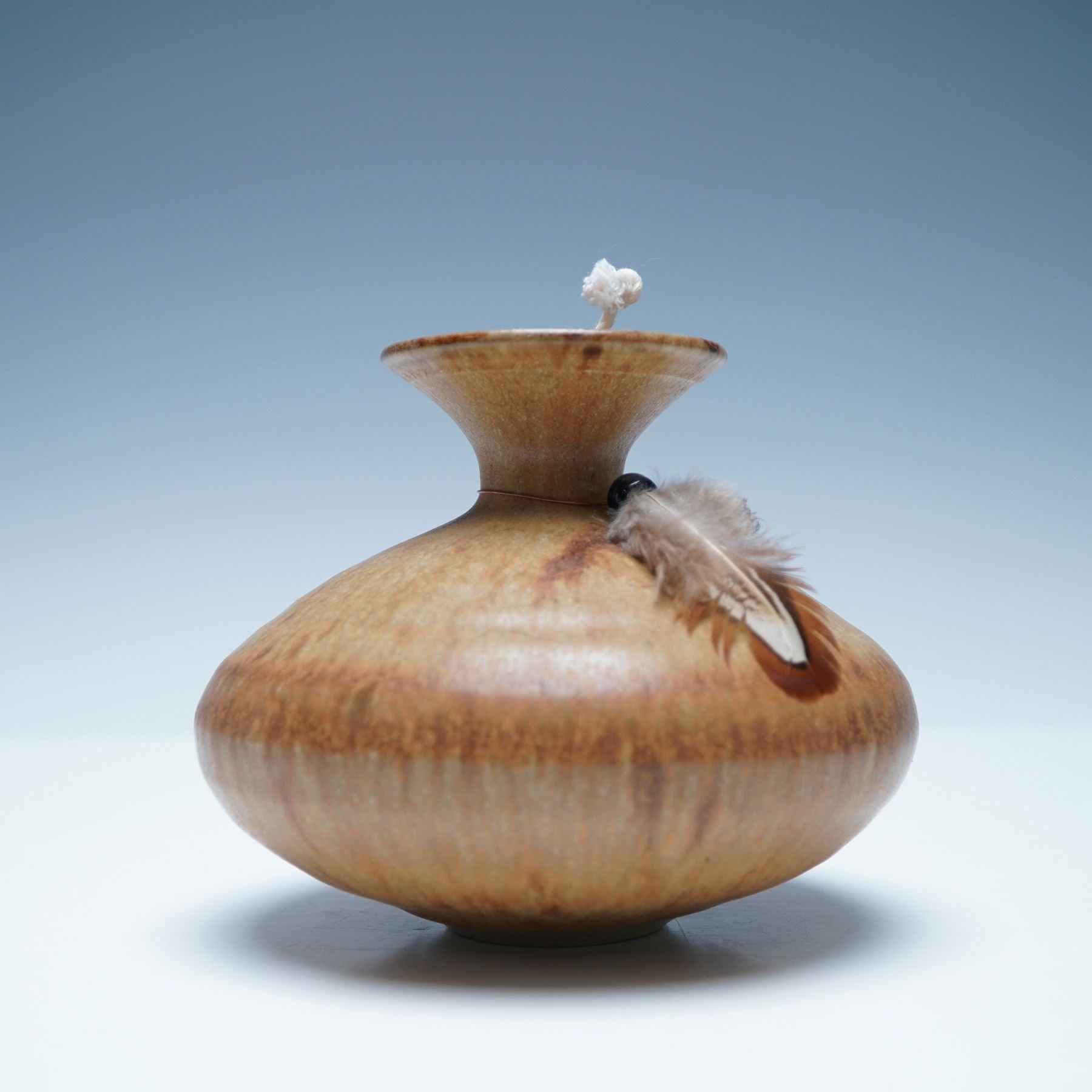 Signed Raku Pottery Spirit Vessel with Feather Accent