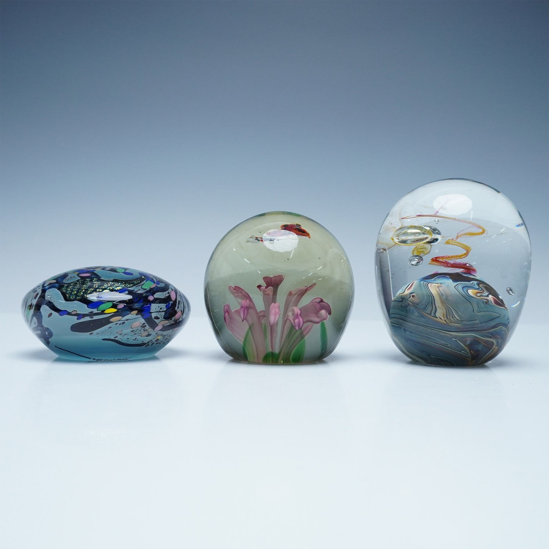 3pc Art Glass Paperweights - 2 Signed