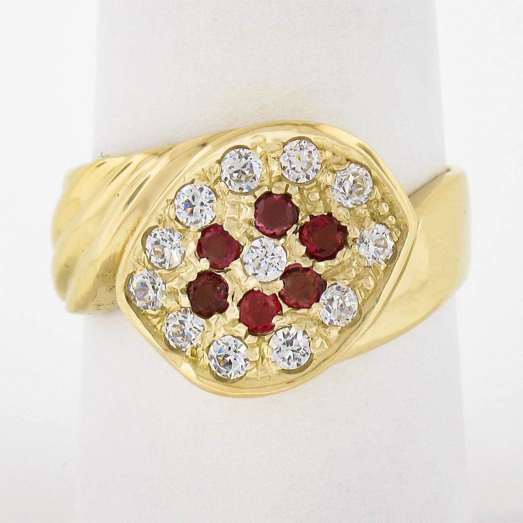 Vintage 18K Gold Round Pave Set Cubic Zirconia & Ruby Grooved Cluster ...