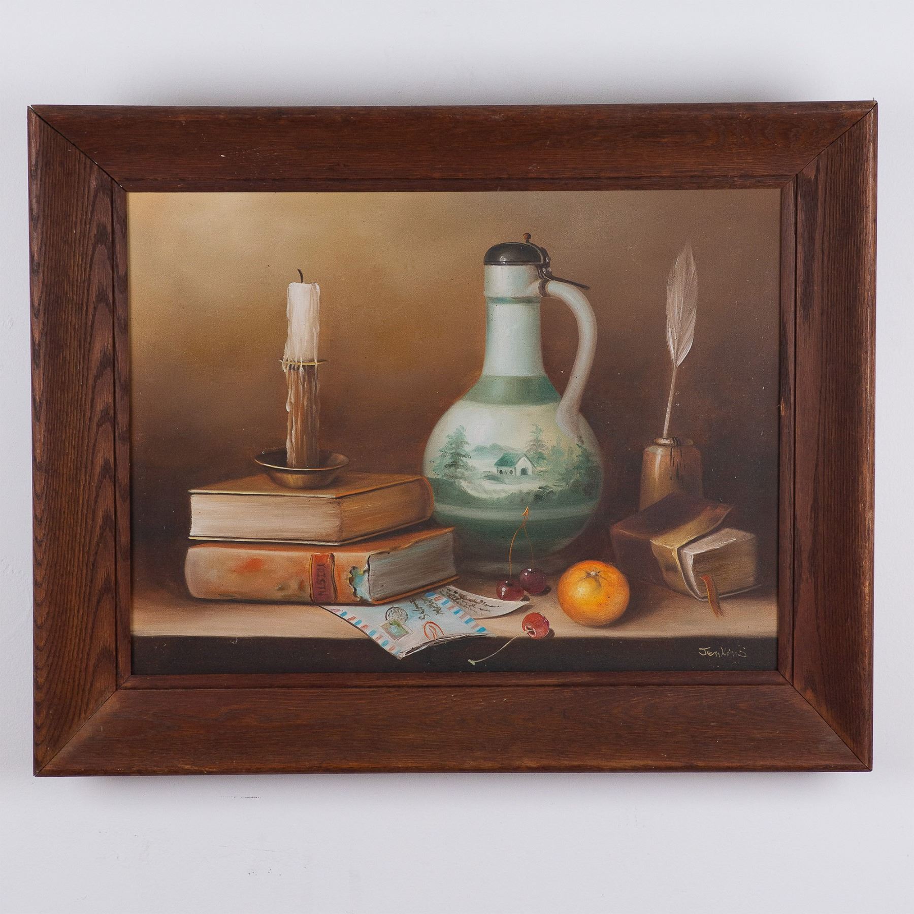 Jenkins, Still Life Oil Painting with Books & Candle, Signed