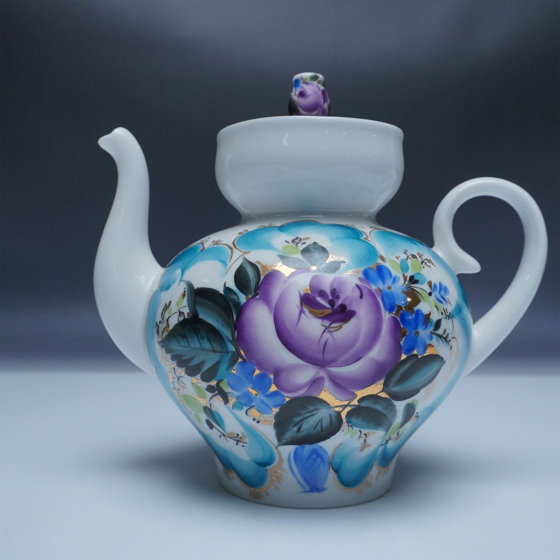 Russian Lomonosov Hand-Painted Porcelain Teapot w/Florals