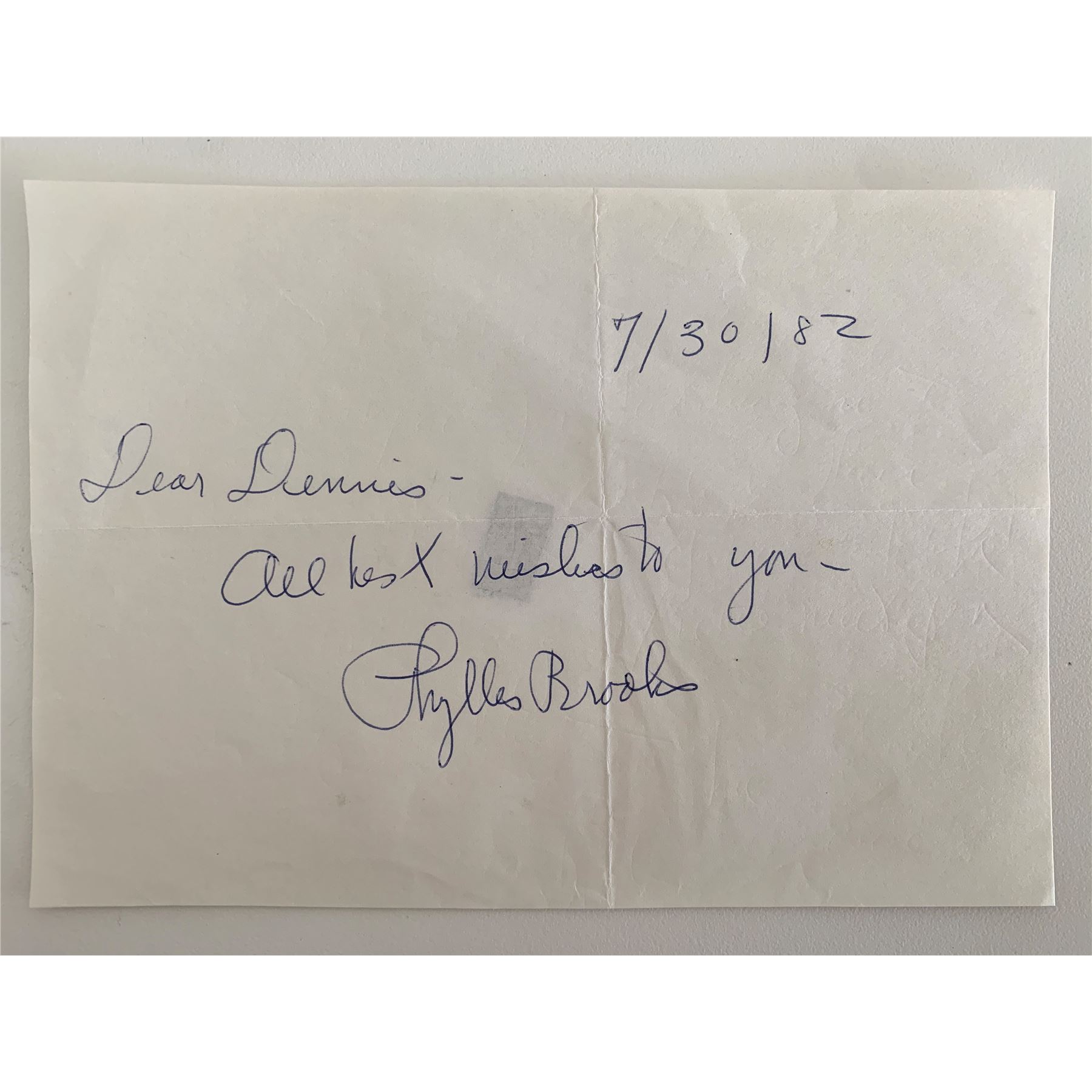 Actress Phyllis Brooks signed note