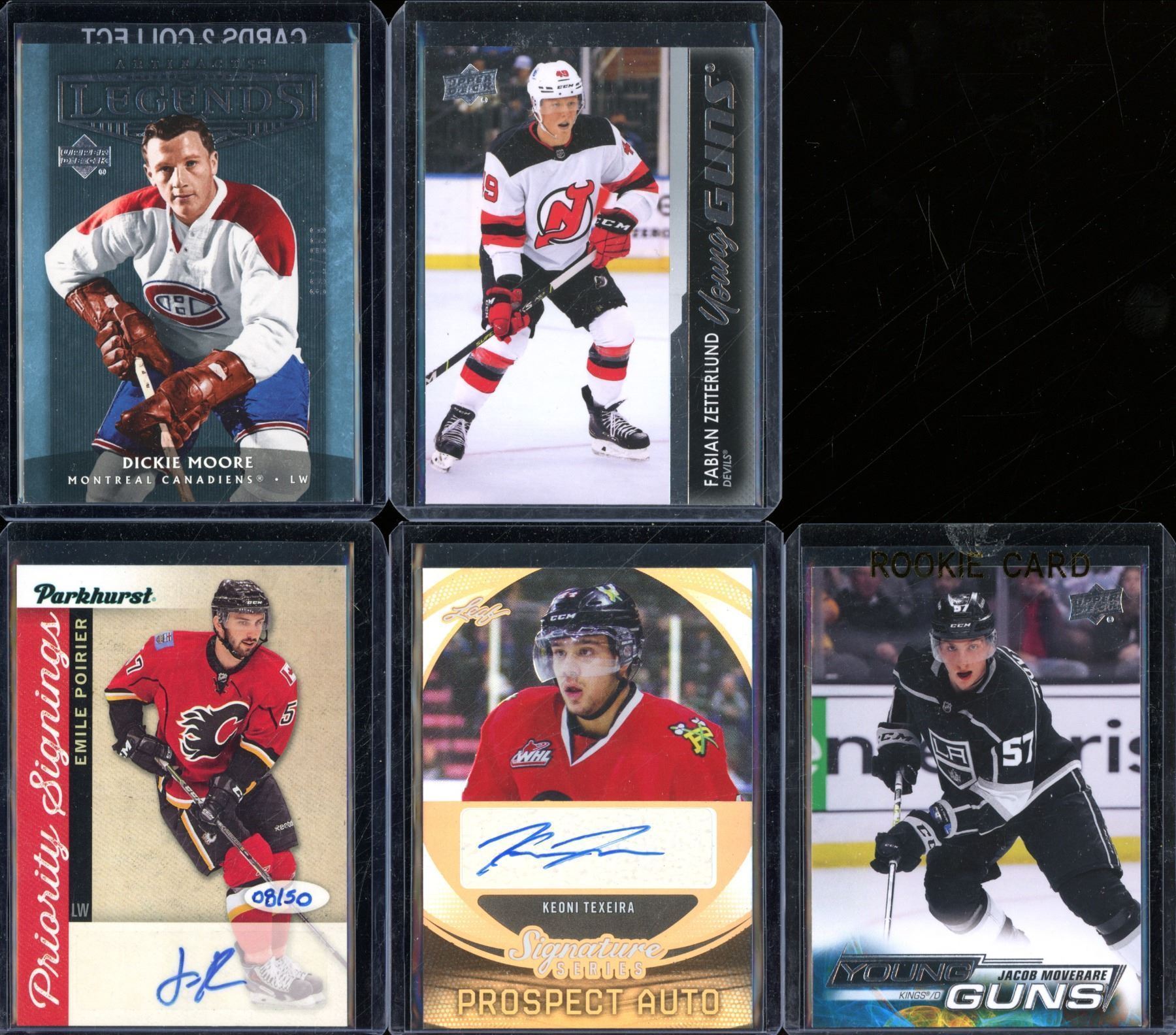 5 Hockey Cards Dickie Moore, Emile Poirier, Jacob Moverare YG RC, Keoni ...