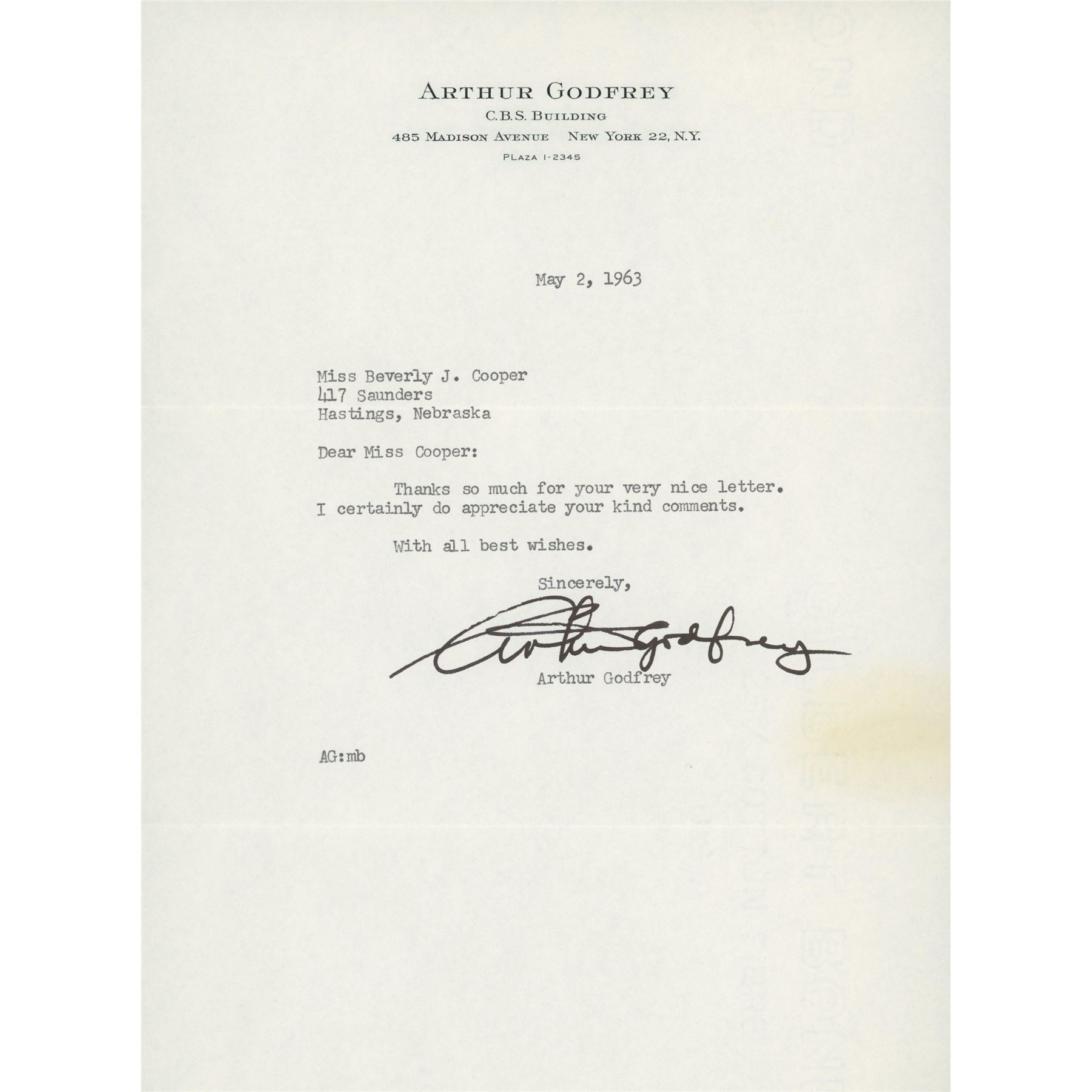 Arthur Godfrey signed letter
