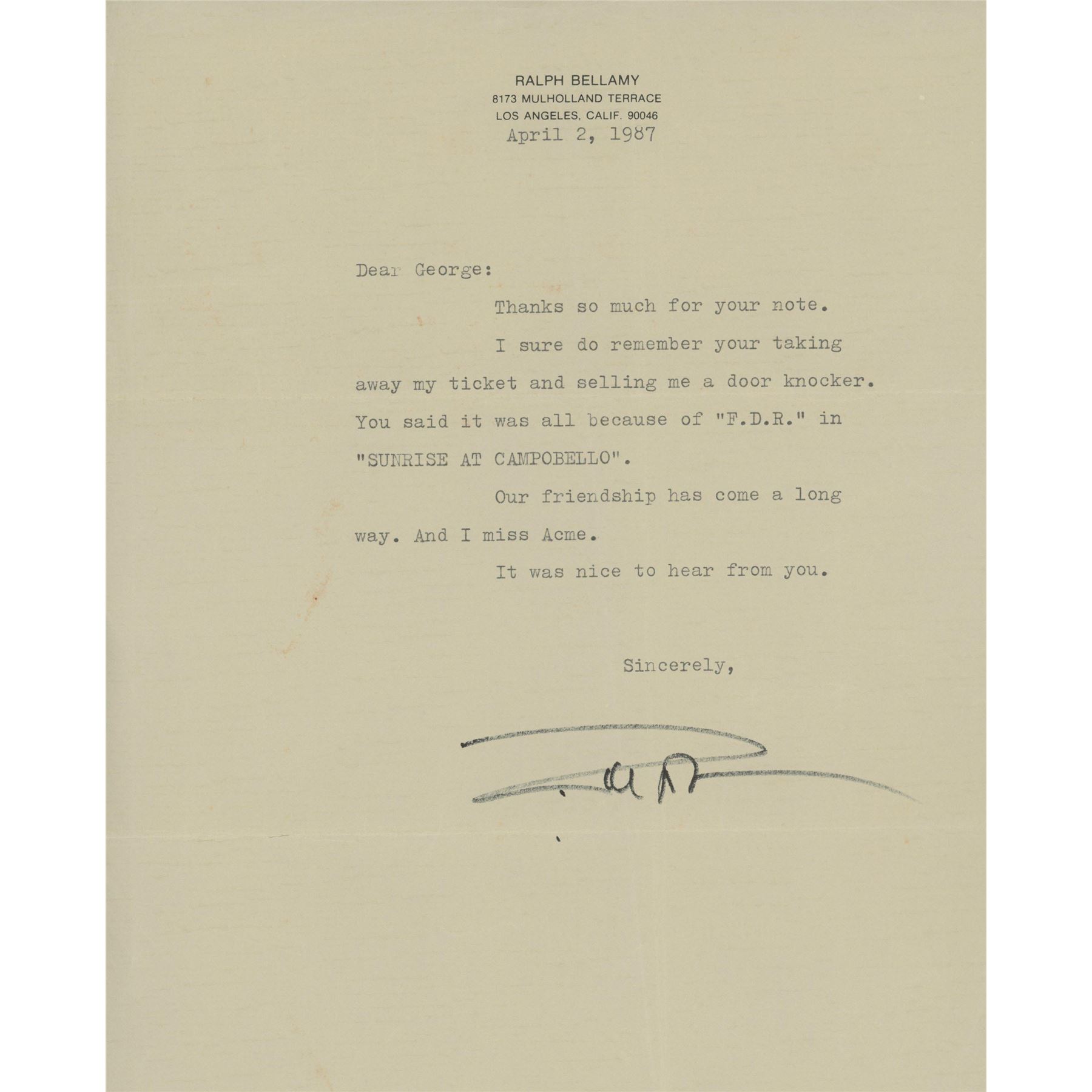The Awful Truth Ralph Bellamy signed letter