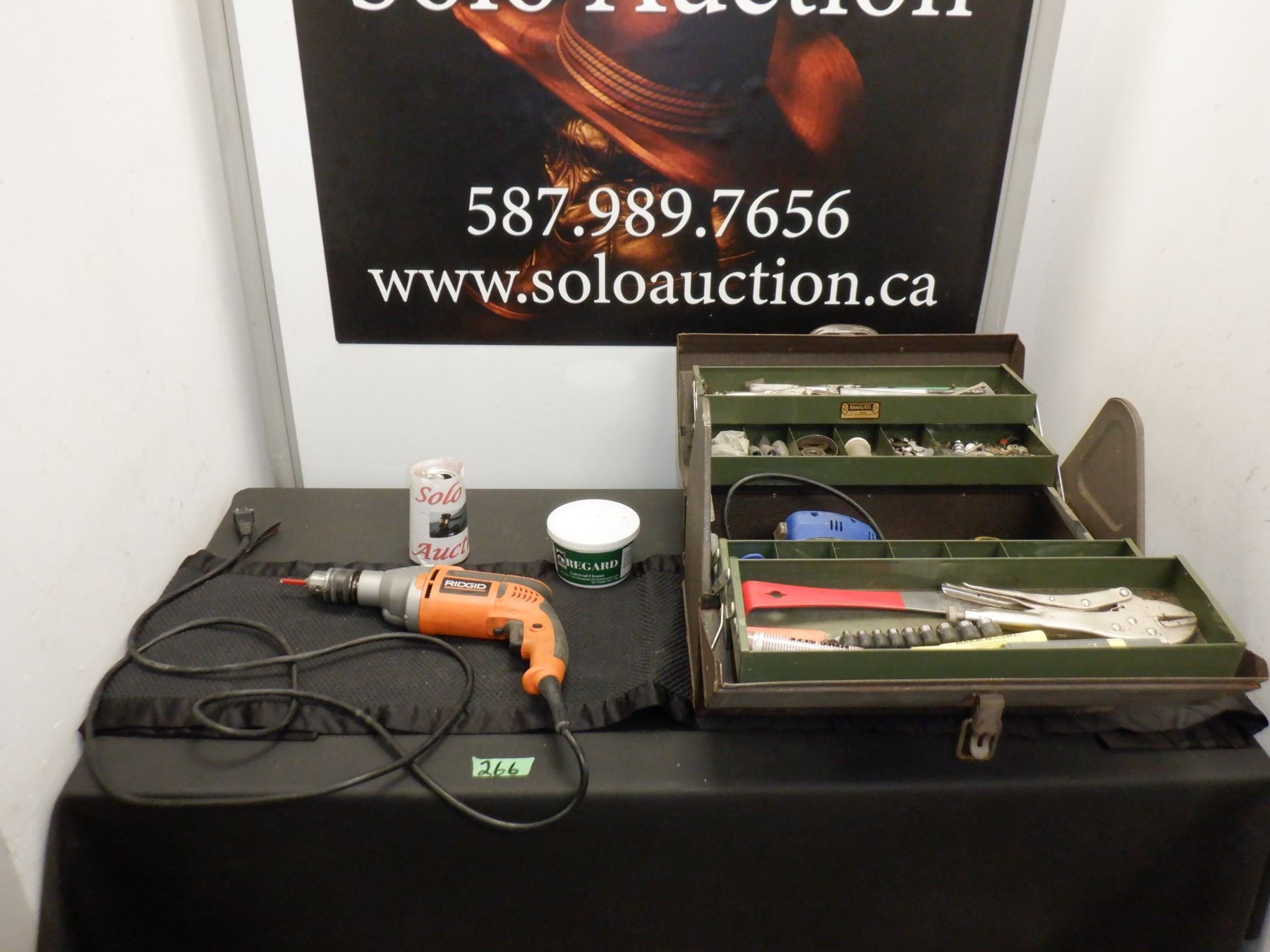 Lot of tools including Rigid brand corded drill, metal toolbox with ...