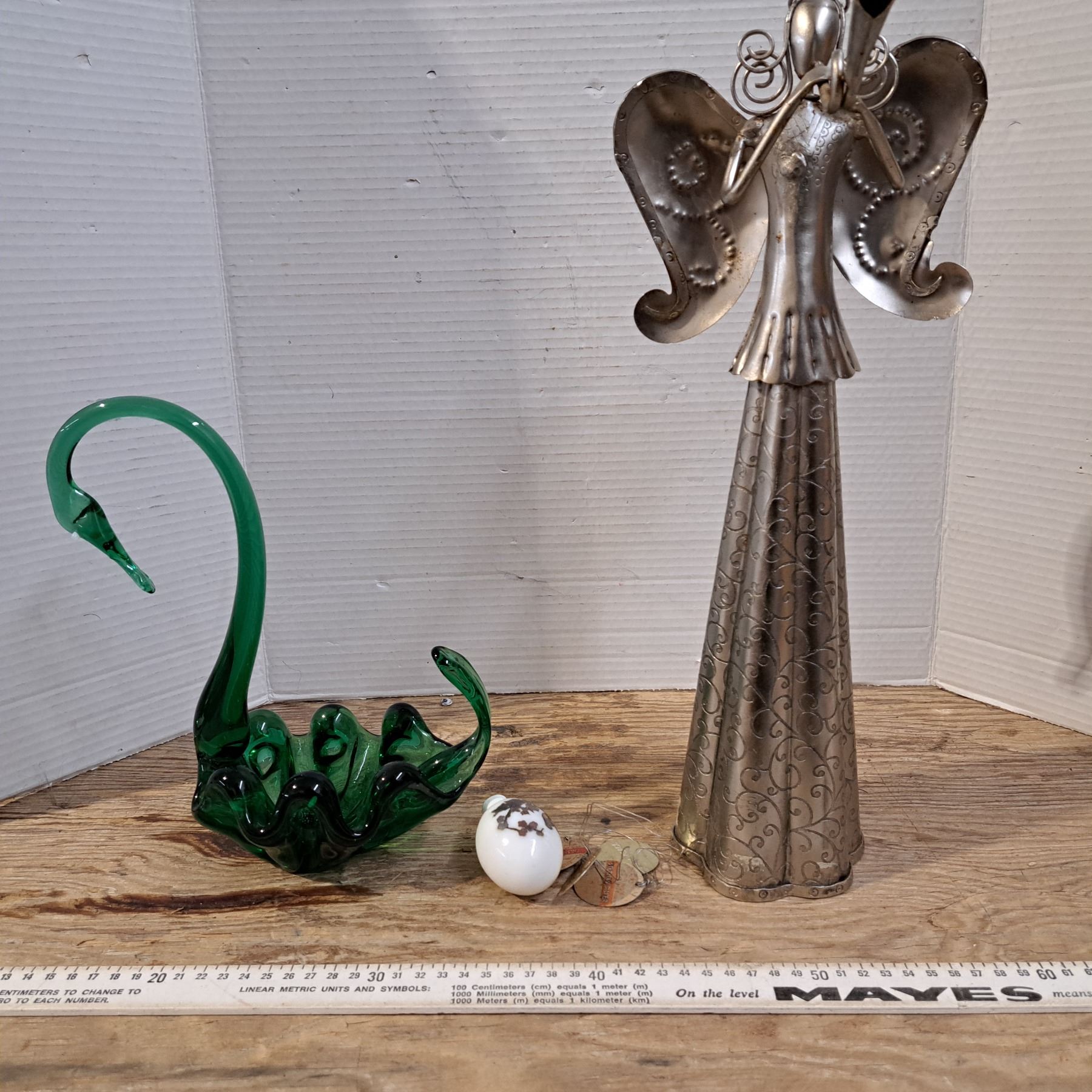 green glass swan, metal tags , metal figurine (swan 10" tall)(tree ...
