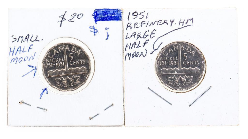 Lot 2 Canada 1751-1951 Refinery Large & Small Half Moon Coins - Five Cents