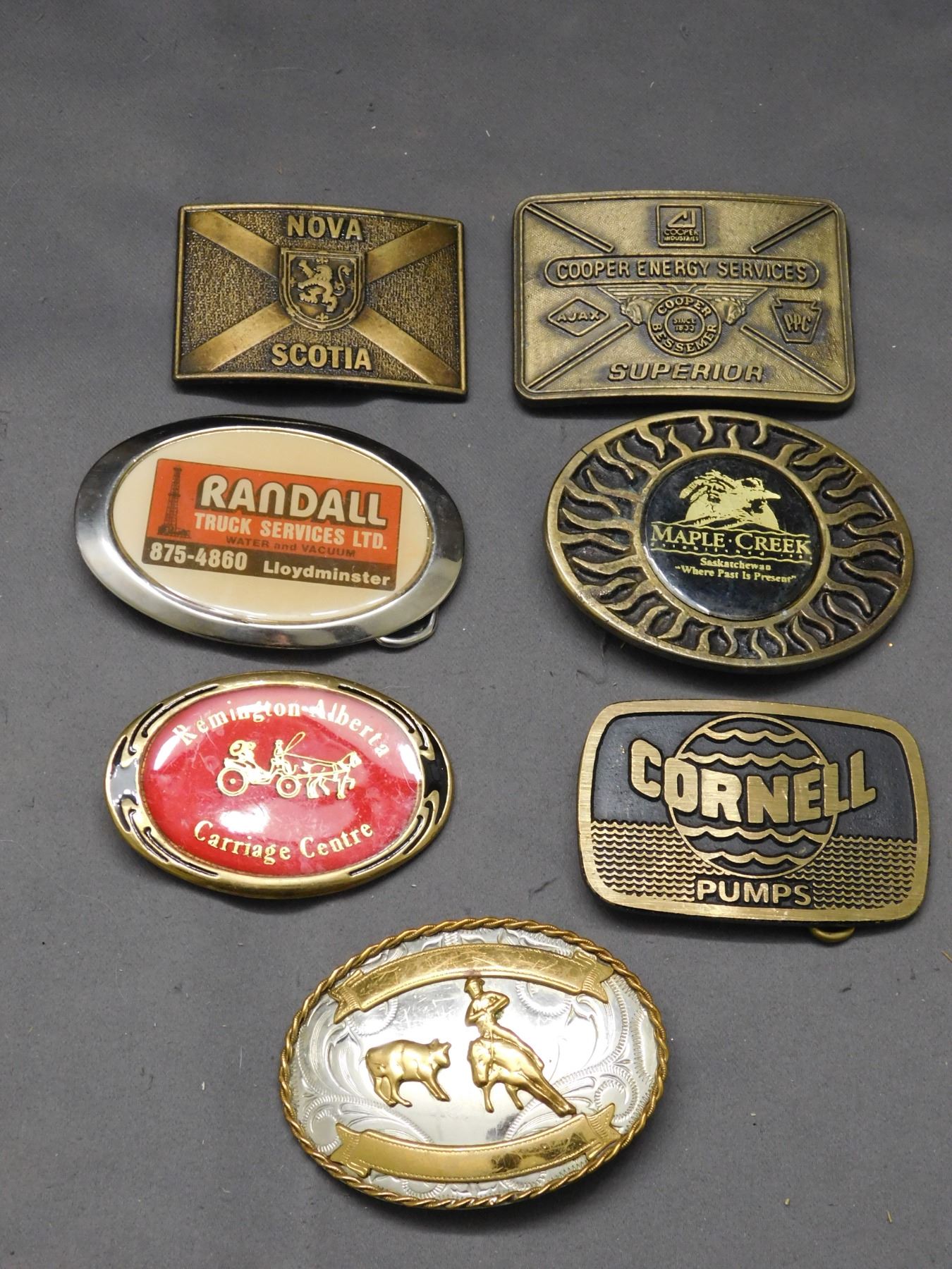 Lot of 7 Belt Buckles Advertising, Canadiana