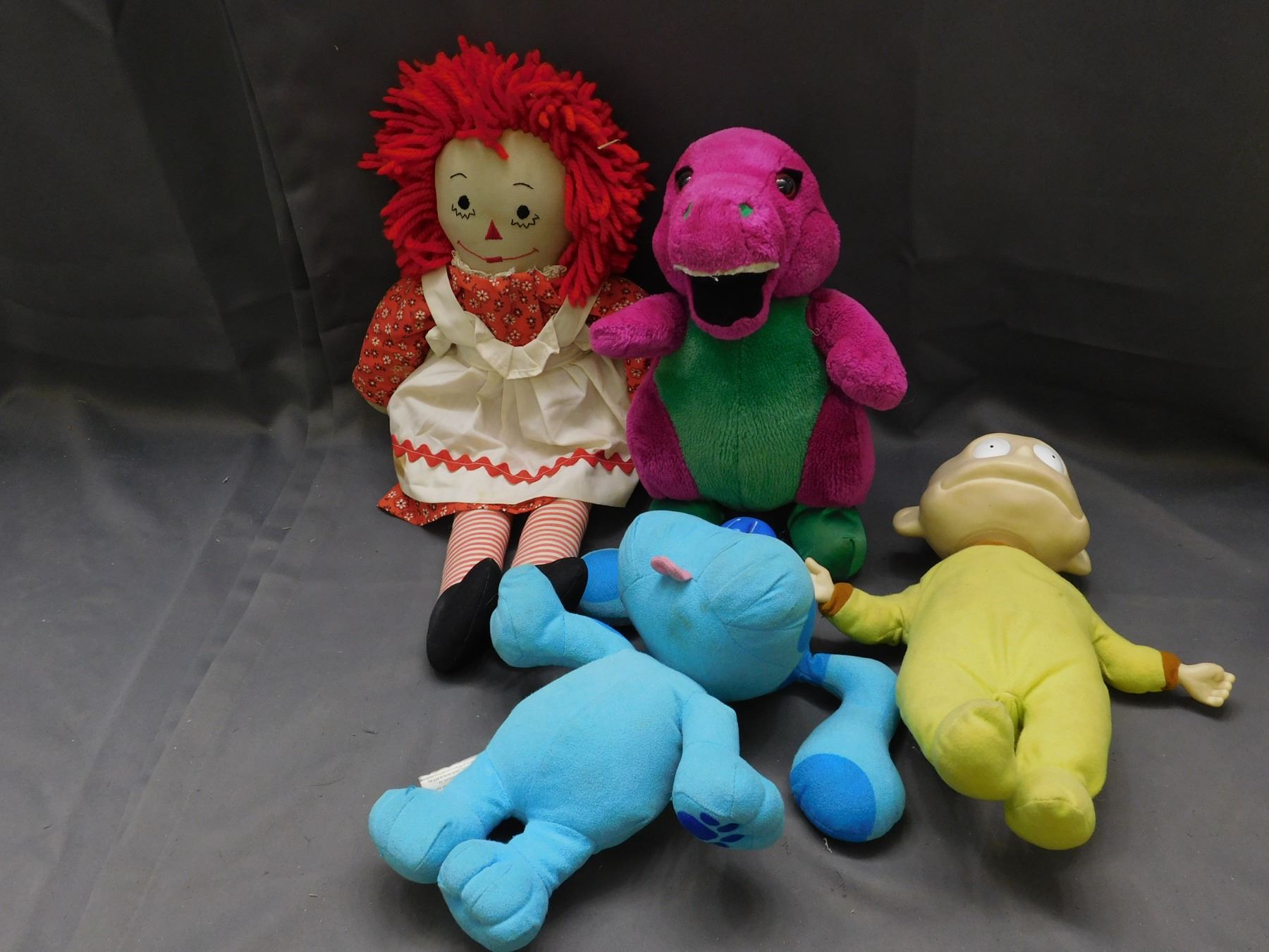 Lot of 4 Rugrats, Blues Clues, Raggedy Anne, Barney Plushies