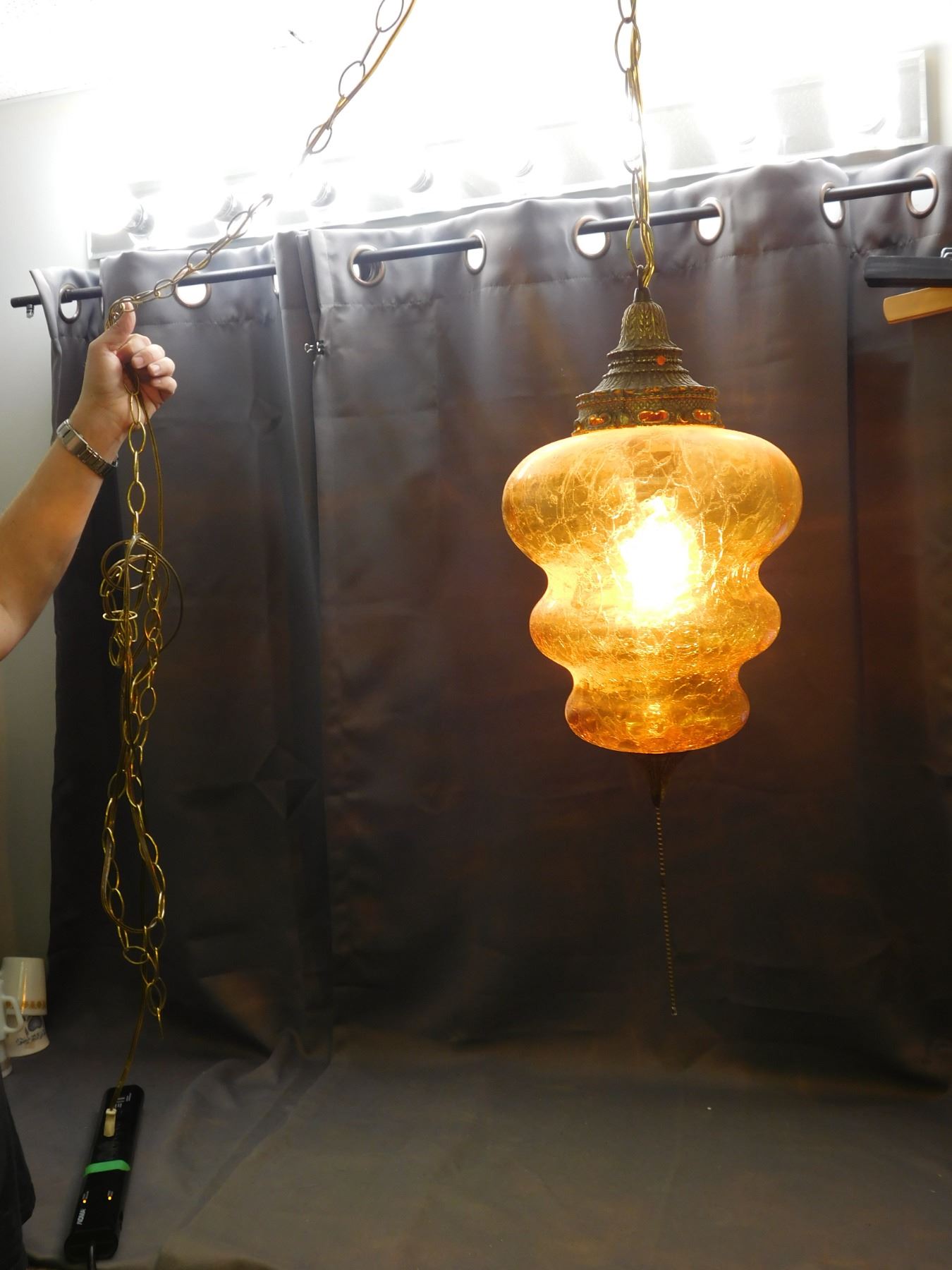 Vintage MCM Orange Crackle Glass Swag Lamp