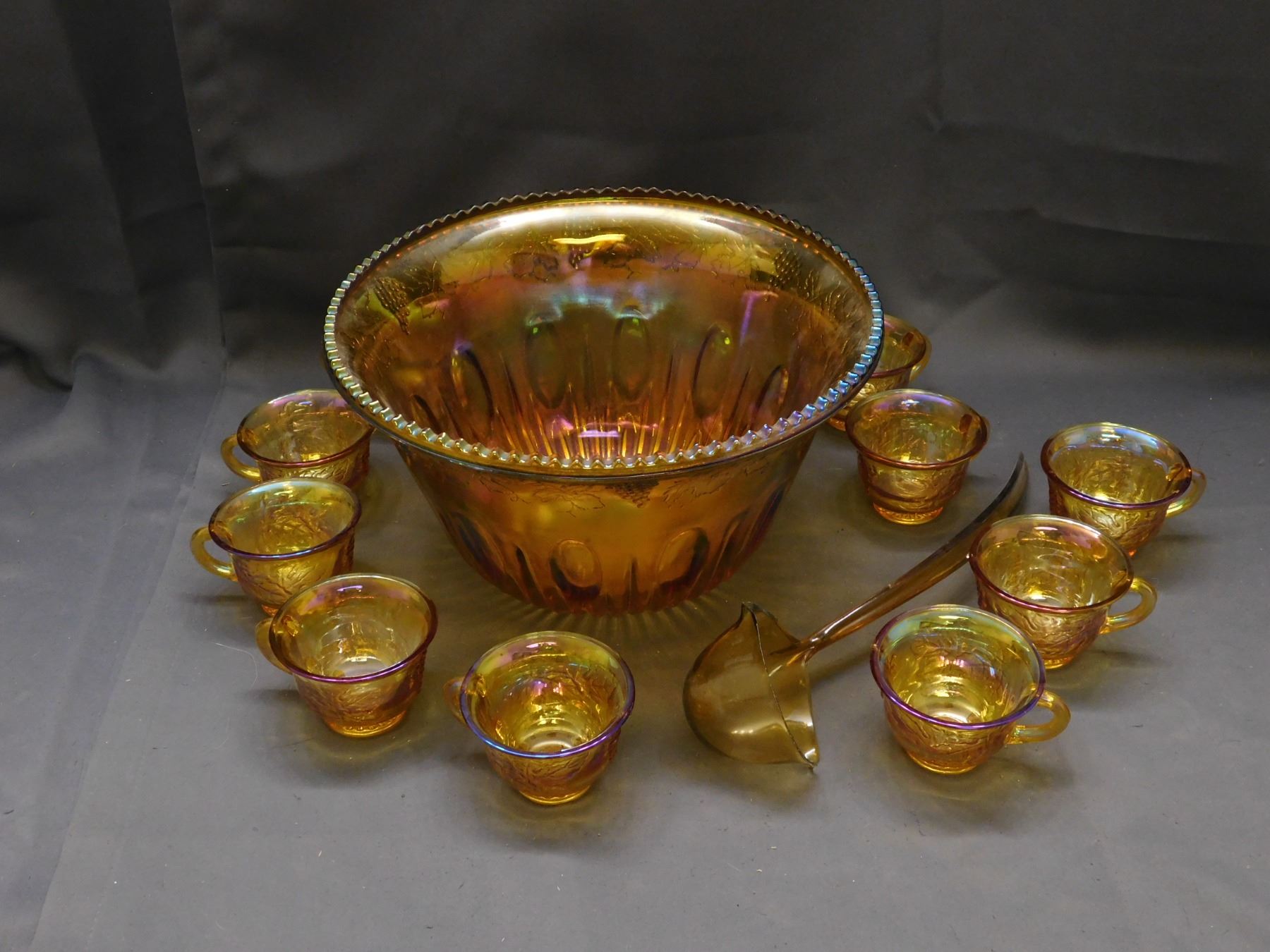 Vintage Amber Carnival Glass Punch Bowl Set 10 Cups