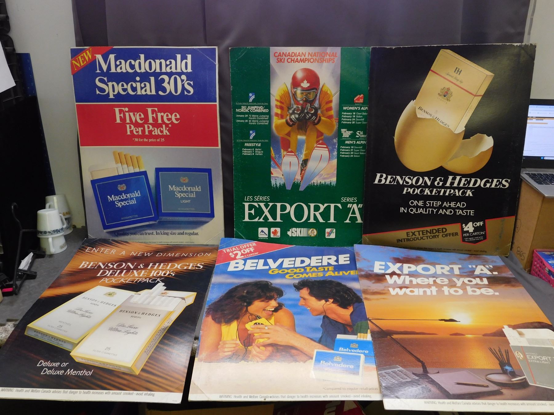 Lot of 6 Vintage Cardboard 2-Sided Signs for Cigarettes, Ski ...