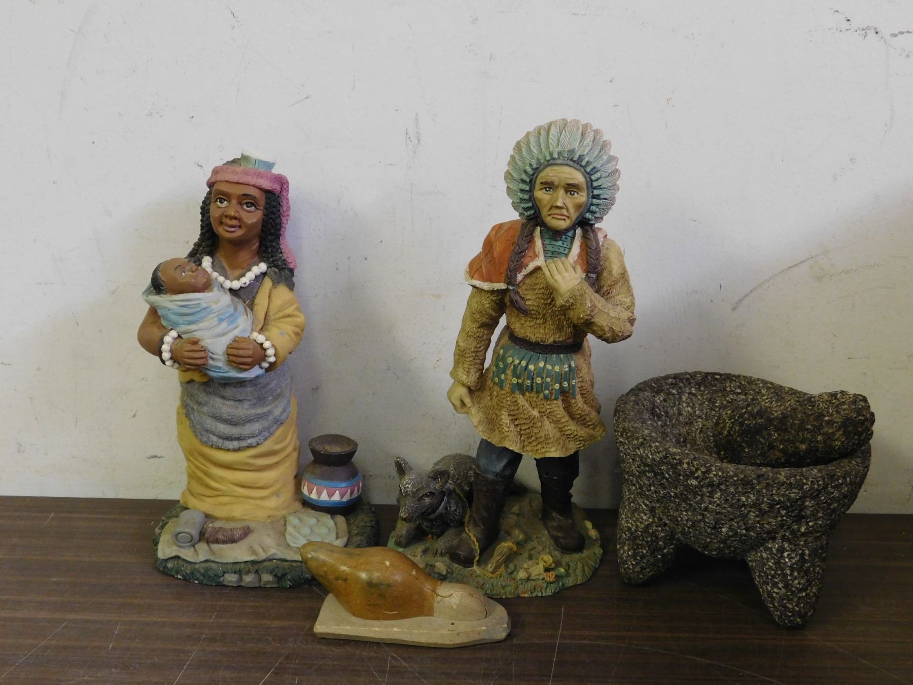 Lot of 4 Mortar and Pestle, Stone Beaver Figurine, 2 Indigenous Figurines
