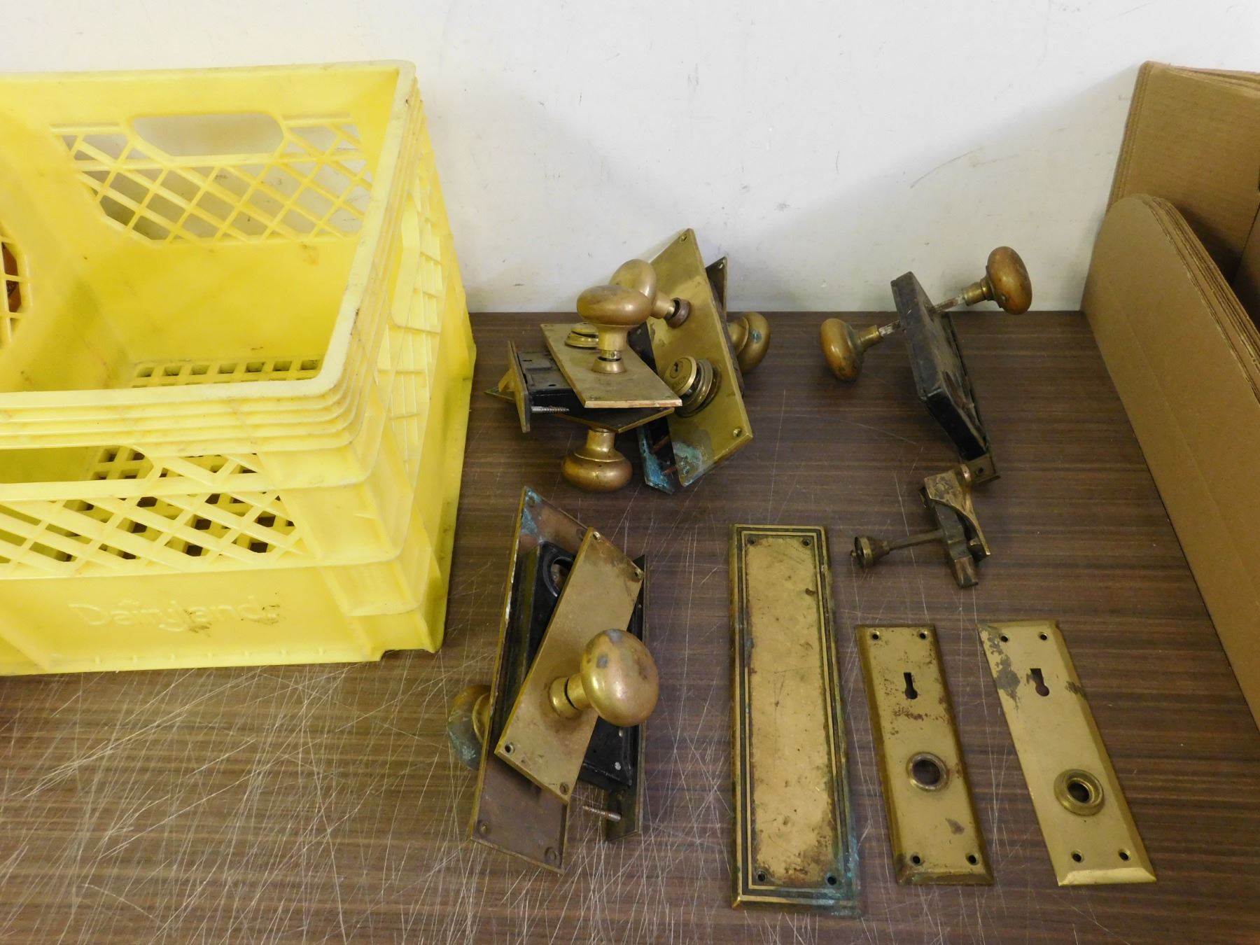 Brass Vintage Antique Door Knobs, Locks in Crate