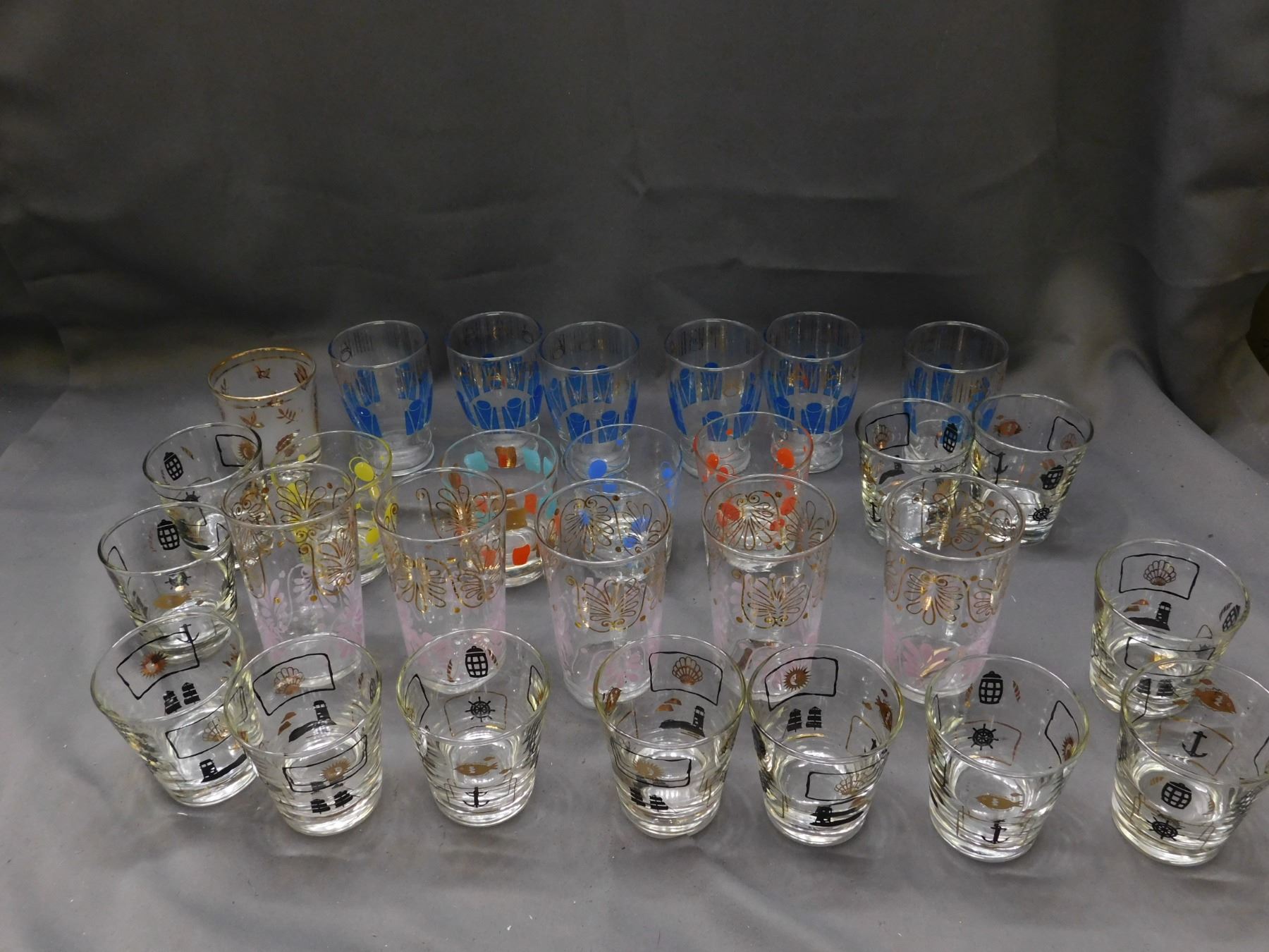 Lot of 28 Vintage Bar Glasses (Dominion, Nautical, MCM, Polka Dots ...