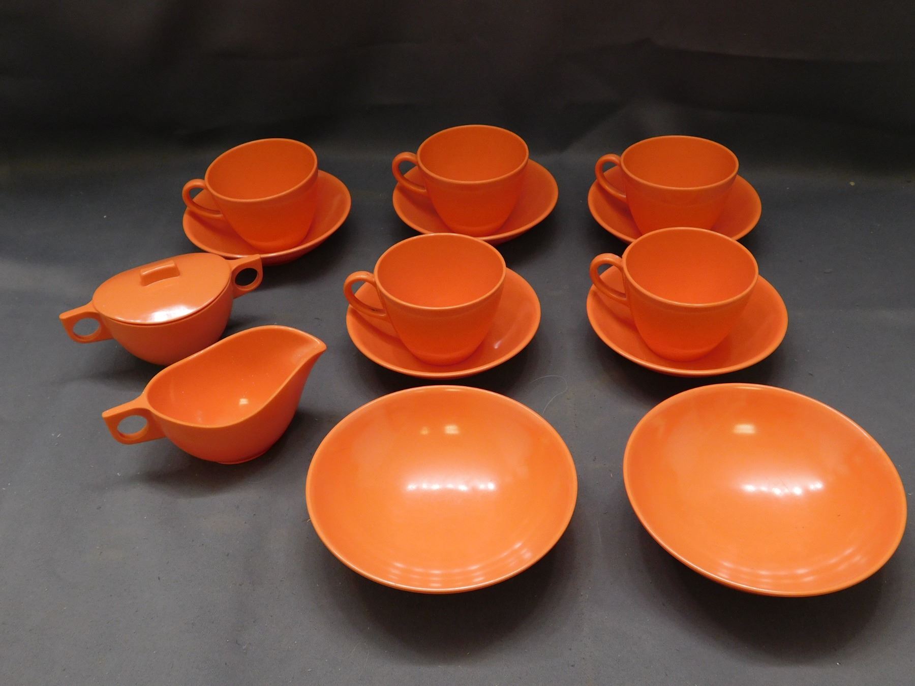 Lot of Vintage Orange Melmac Melamine Cups, Saucers, Bowls, Cream Sugar