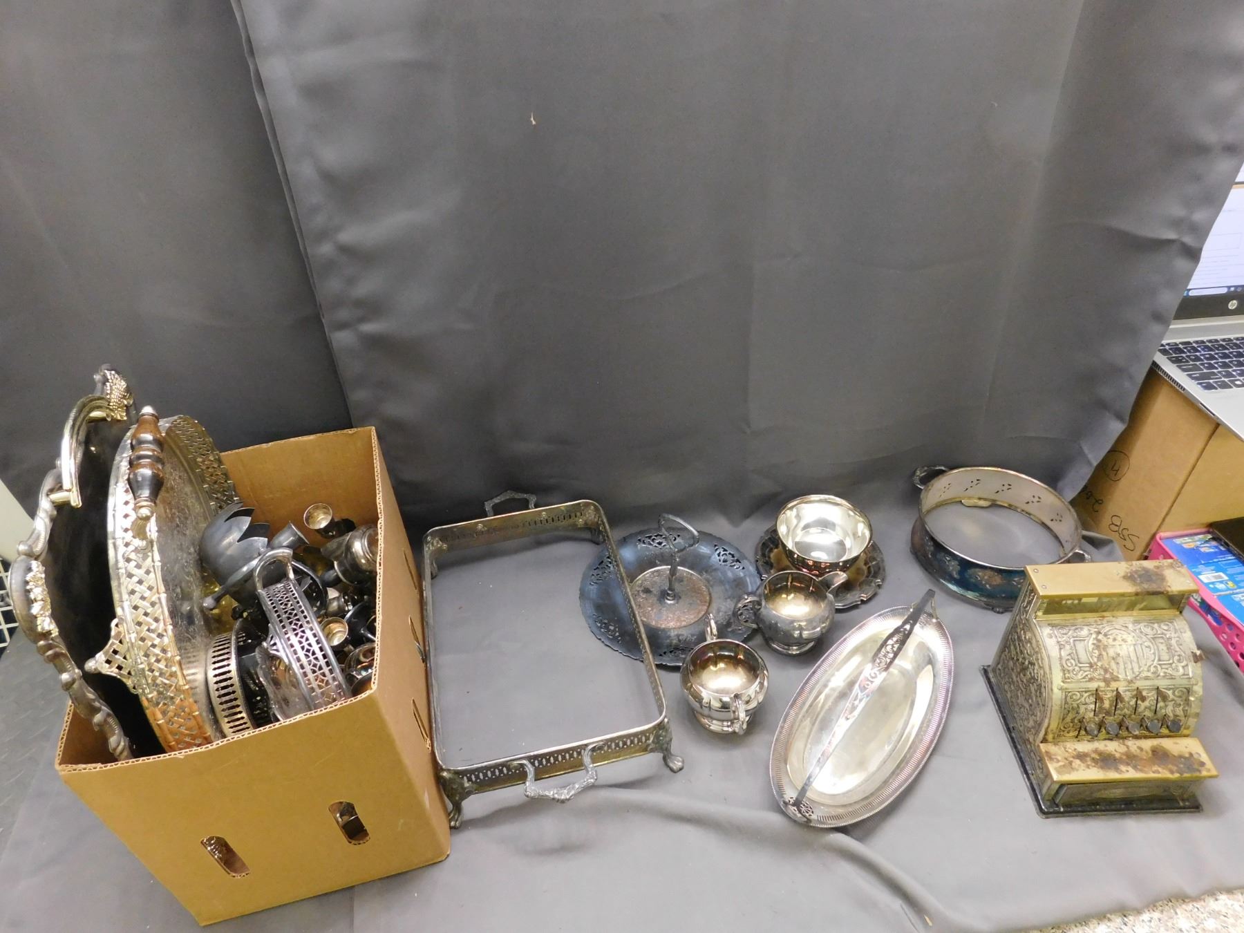 Lot of Silverplate Servingware, Ben Franklin Cash Register, Copper ...