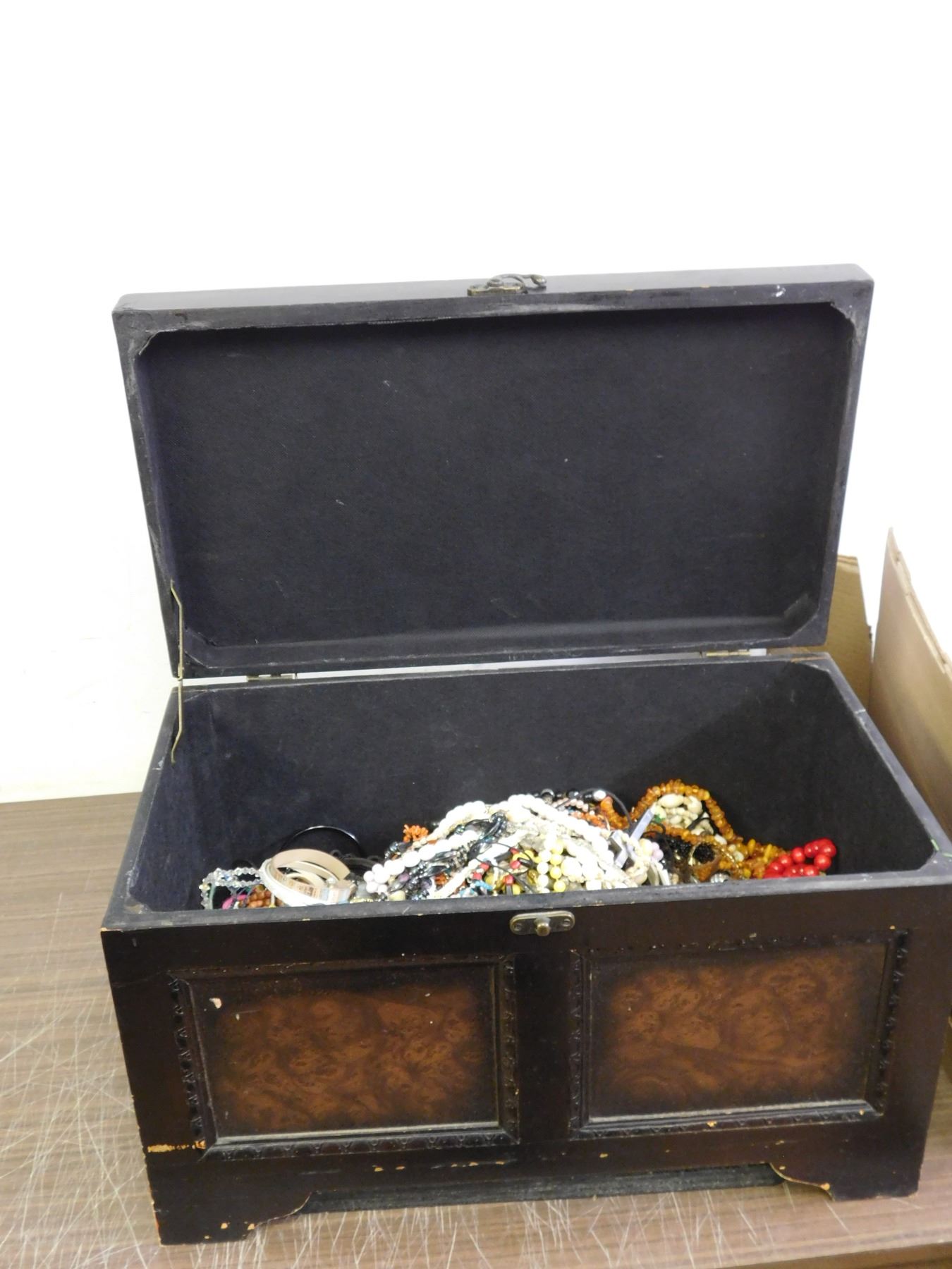 Wooden Treasure Chest Trunk Full of Costume Jewelry