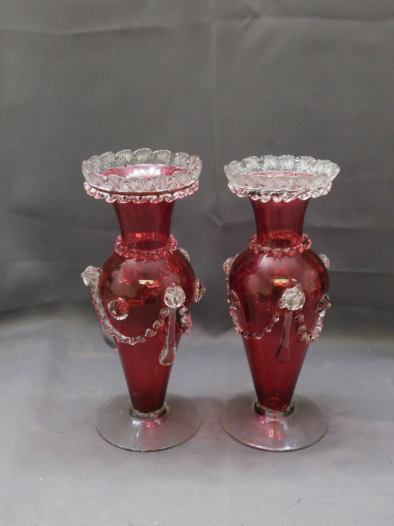 Pair of 11" Antique Cranberry Glass Art Glass Frilled Ribbon Blown ...
