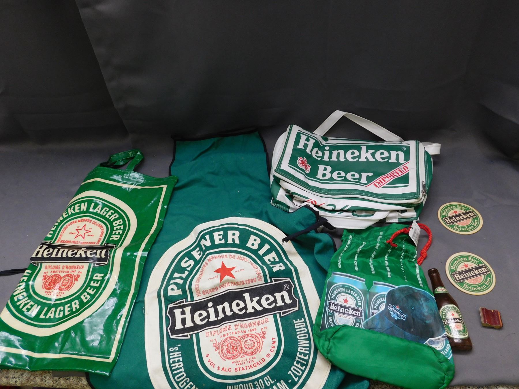 Heineken Beer Vintage Advertising Memorabilia Apron, Bags, Coasters, Etc