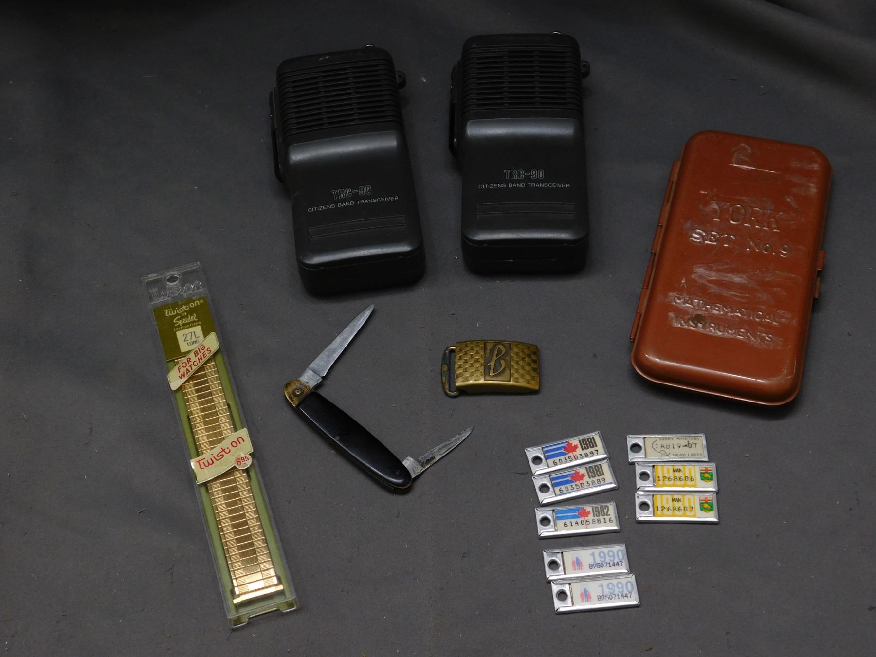 Junk Drawer Lot Walkie Talkies, Pocket Knife, War Amp Tags, Watch Band