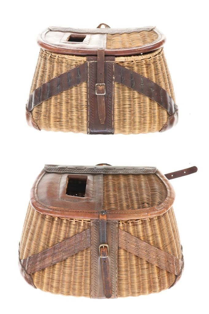 Split Willow & Tooled Leather Fishing Creels (2)