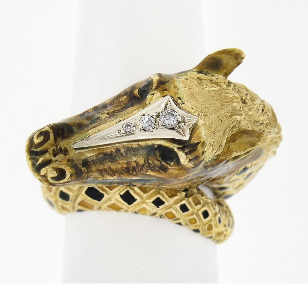 Vintage 18K Gold Detailed 3D Horse Head Band Ring w/ Enamel Work & Diamond