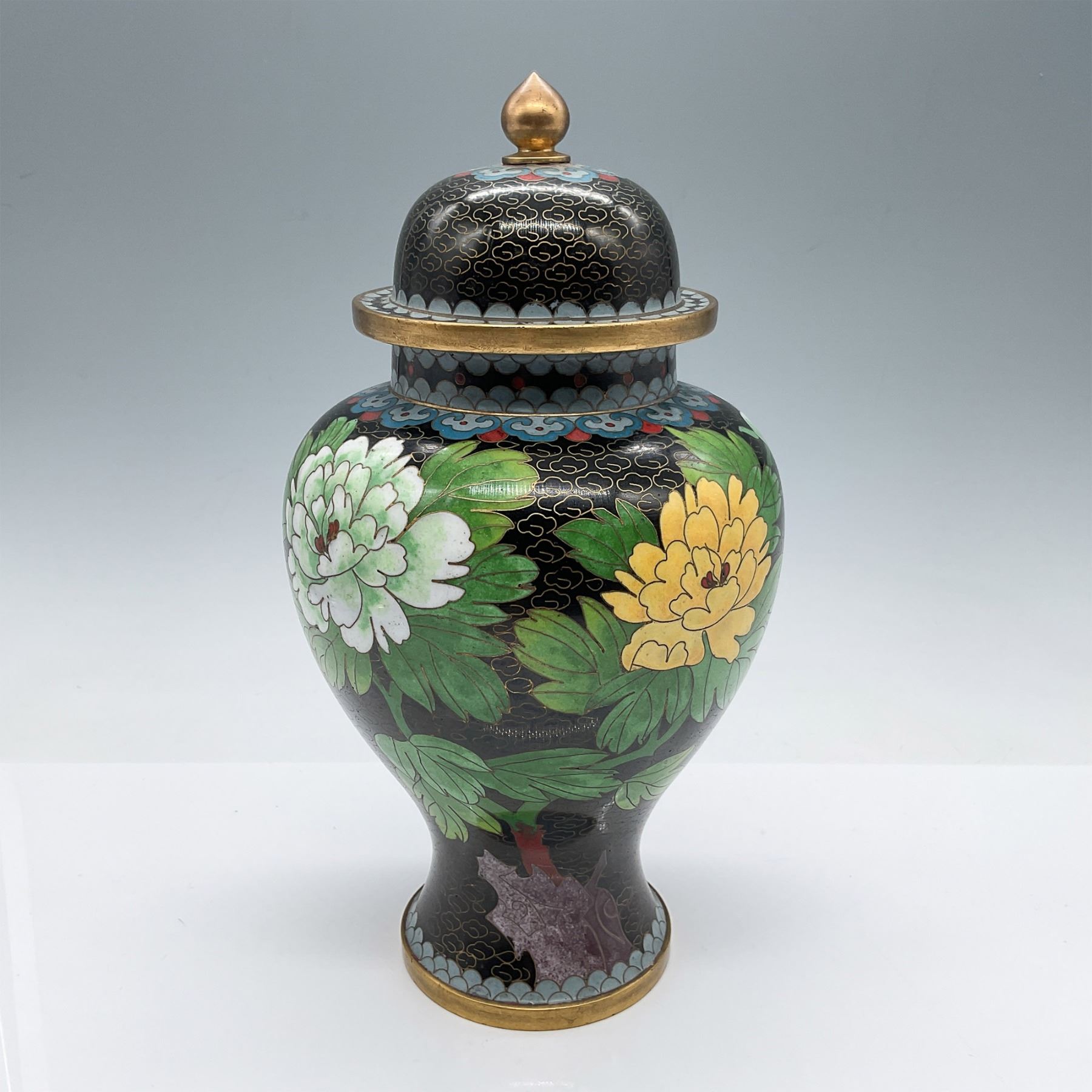 Cloisonne Lidded Urn, Floral on Black