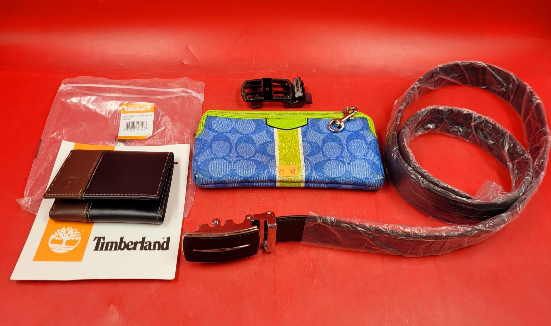 Timberland Wallet, Coach Wallet, Belt, & Montagut Belt Buckle