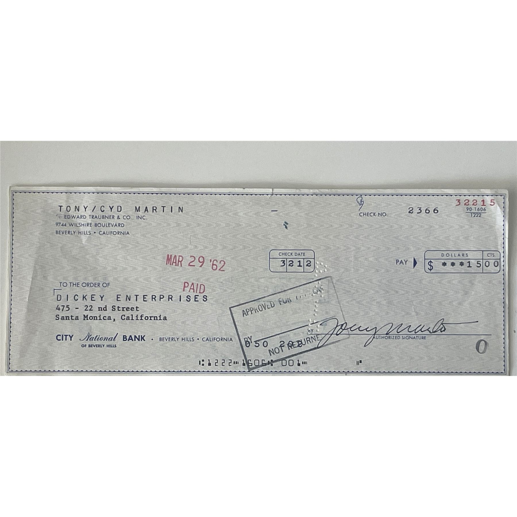 Singer Tony Martin signed check