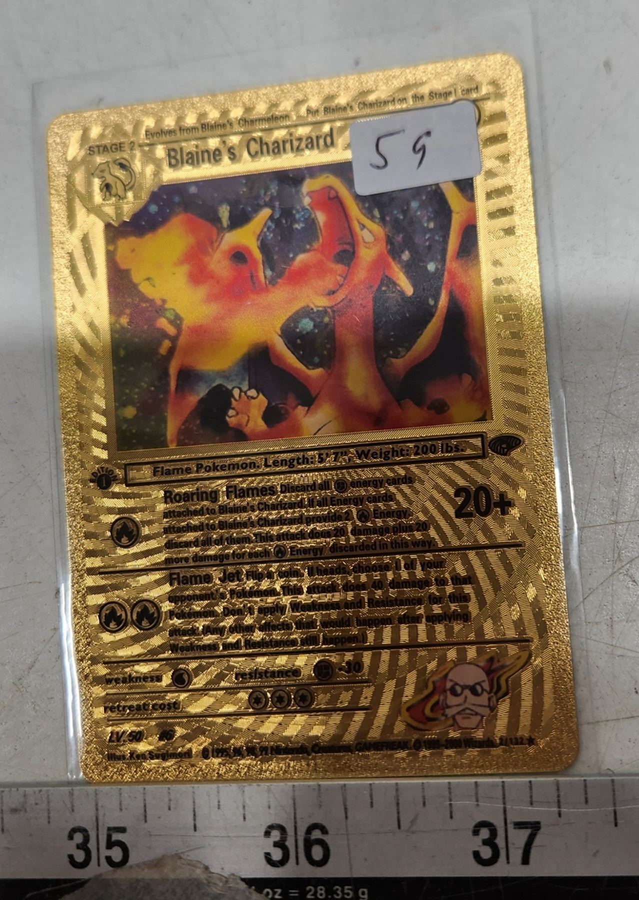 Blaine's Charizard Gold metallic pokemon card unofficial - Schmalz Auctions