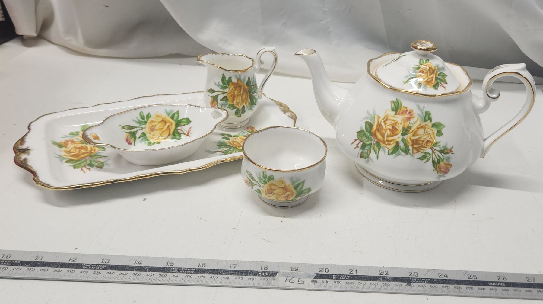 Royal Albert yellow Tea Rose pattern 6 piece teapot, tray,sugar, cream