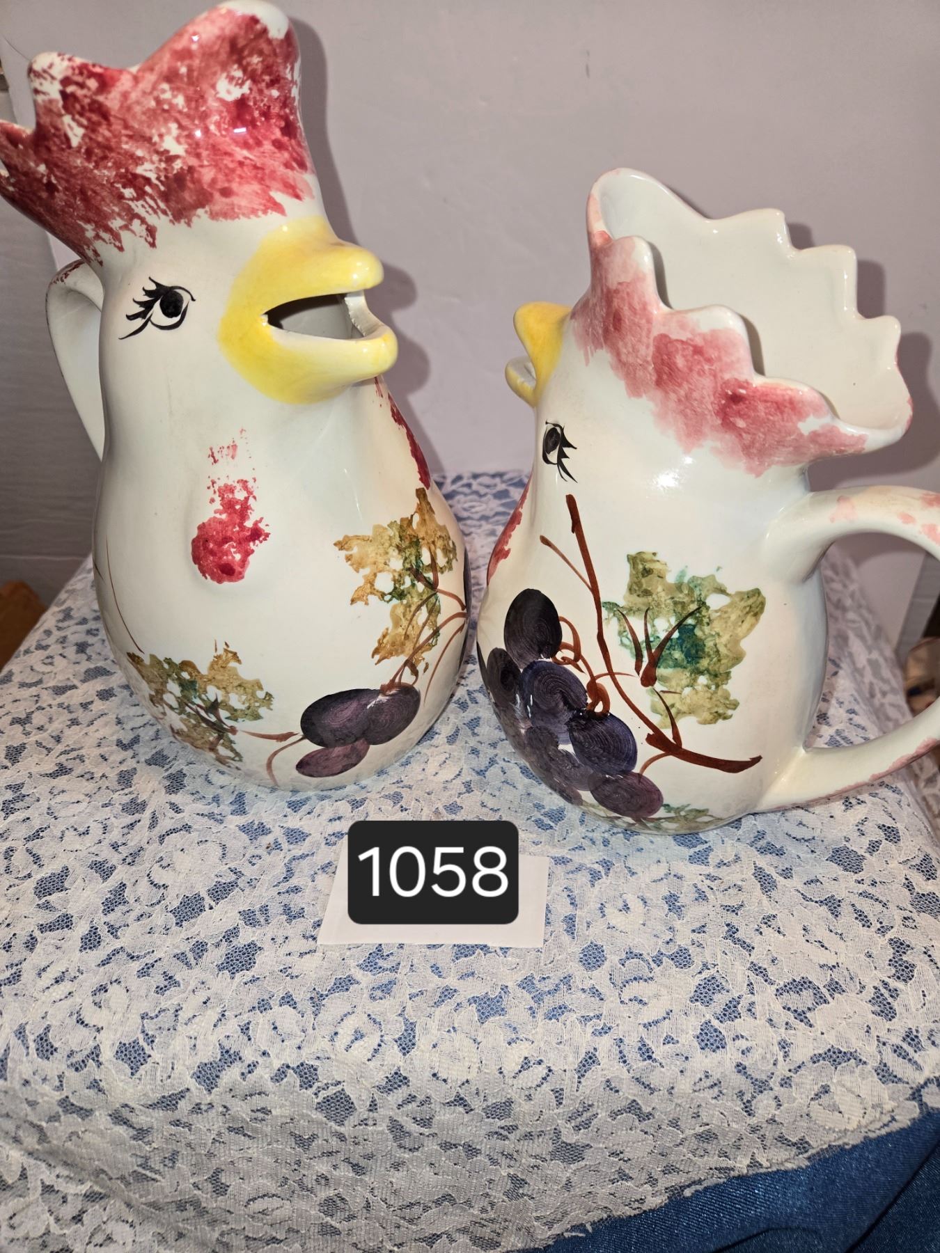 1058 2 Vintage Hand Painted Chicken Pitchers. No Flaws. - Schmalz Auctions