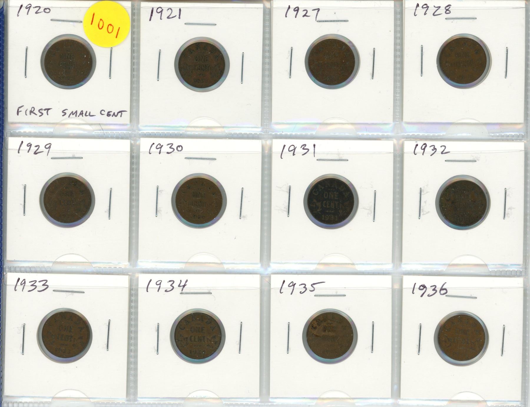 Lot of 12 Canadian George V Small Cents. Includes 1920, 1921, 1927, 1928, 1929, 1930, 1931, 1932 ...