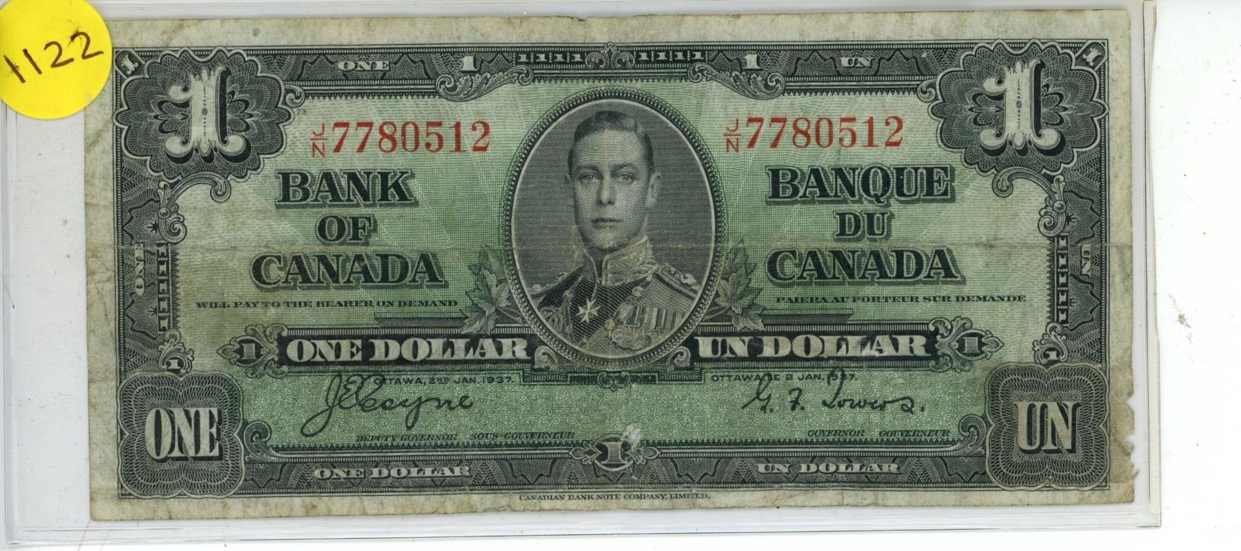 1937 Bank of Canada $1 Bill, Coyne/Towers (# J/N 7780512) - Schmalz ...