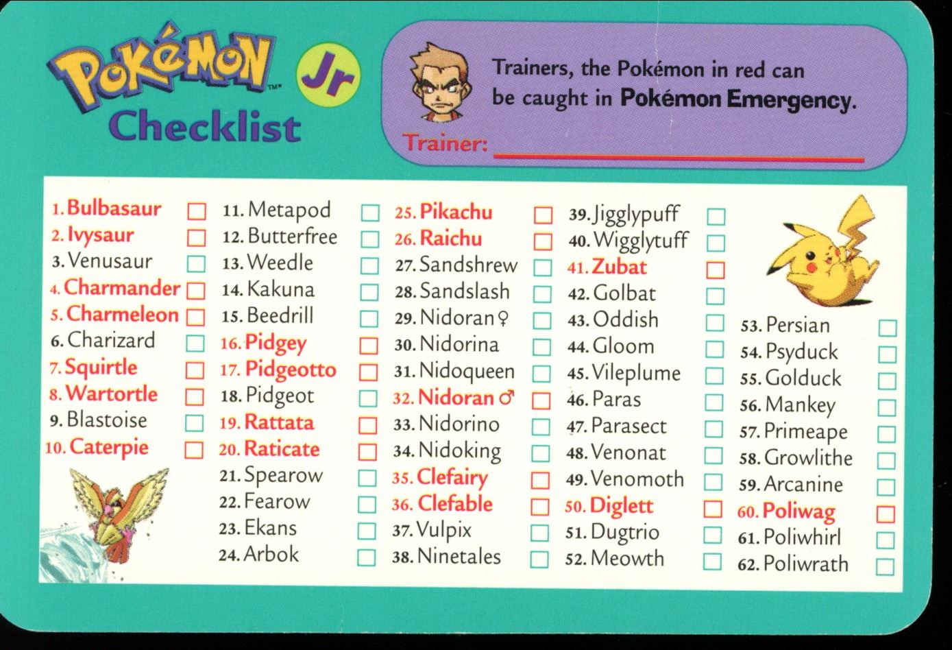 Pokemon JR Adventure 3.5" x 4.5" Game Card Checklist card unmarked