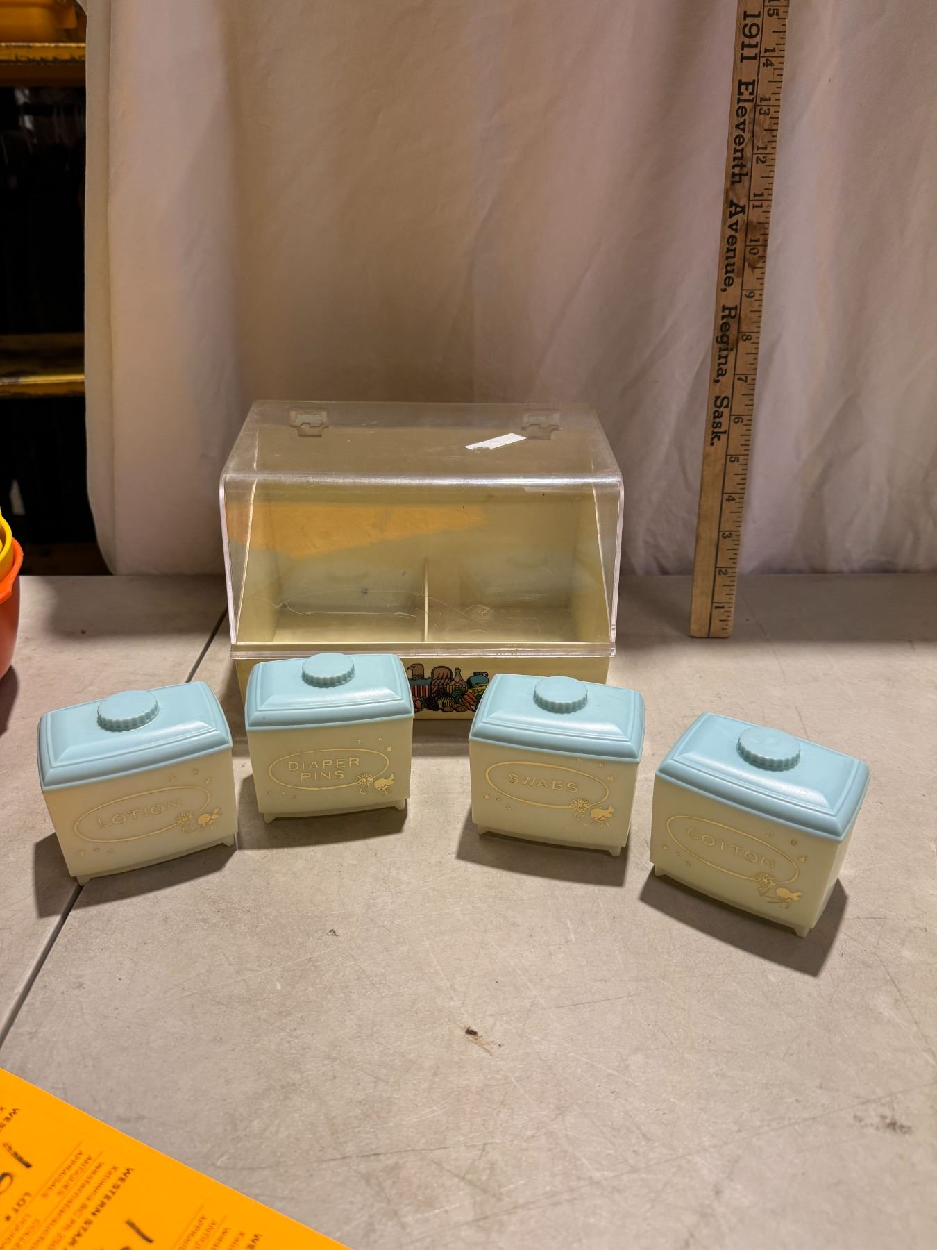 Vintage recipe, card holder and lotion, diaper pins, swabs and cotton ...