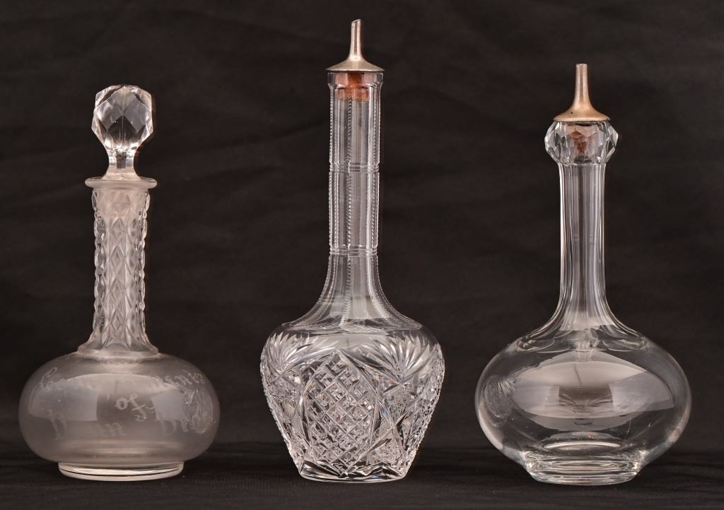 Three Antique Clear Glass Barber Bottles