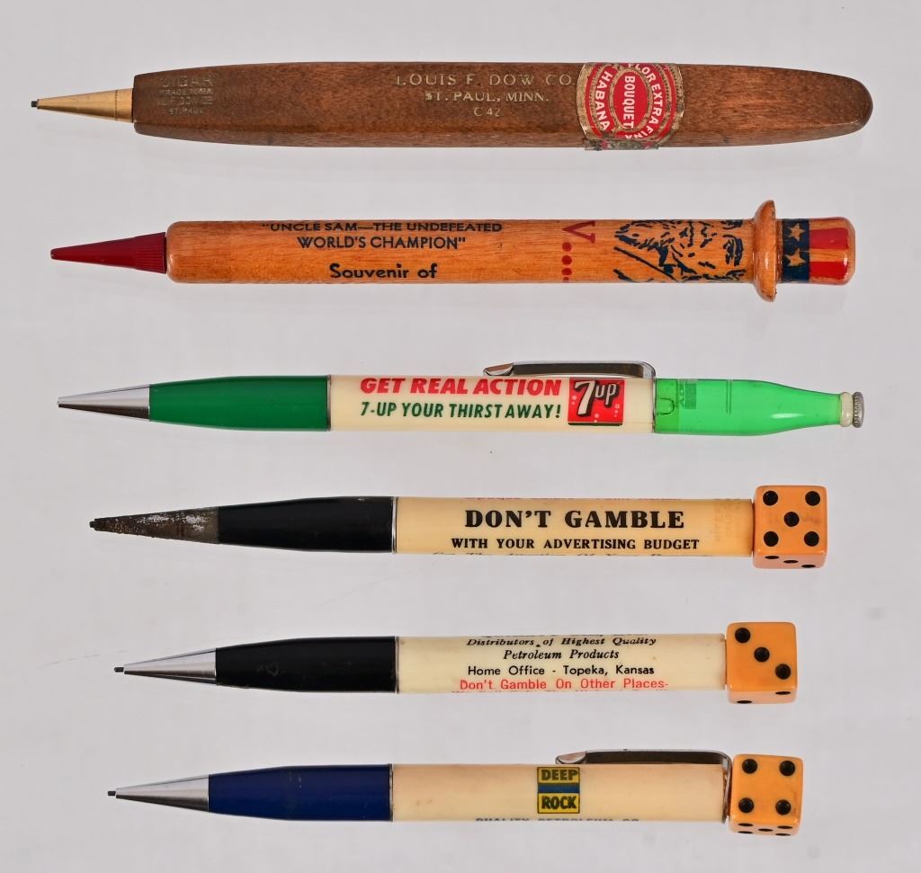 Six Vintage Advertising Mechanical Pencils