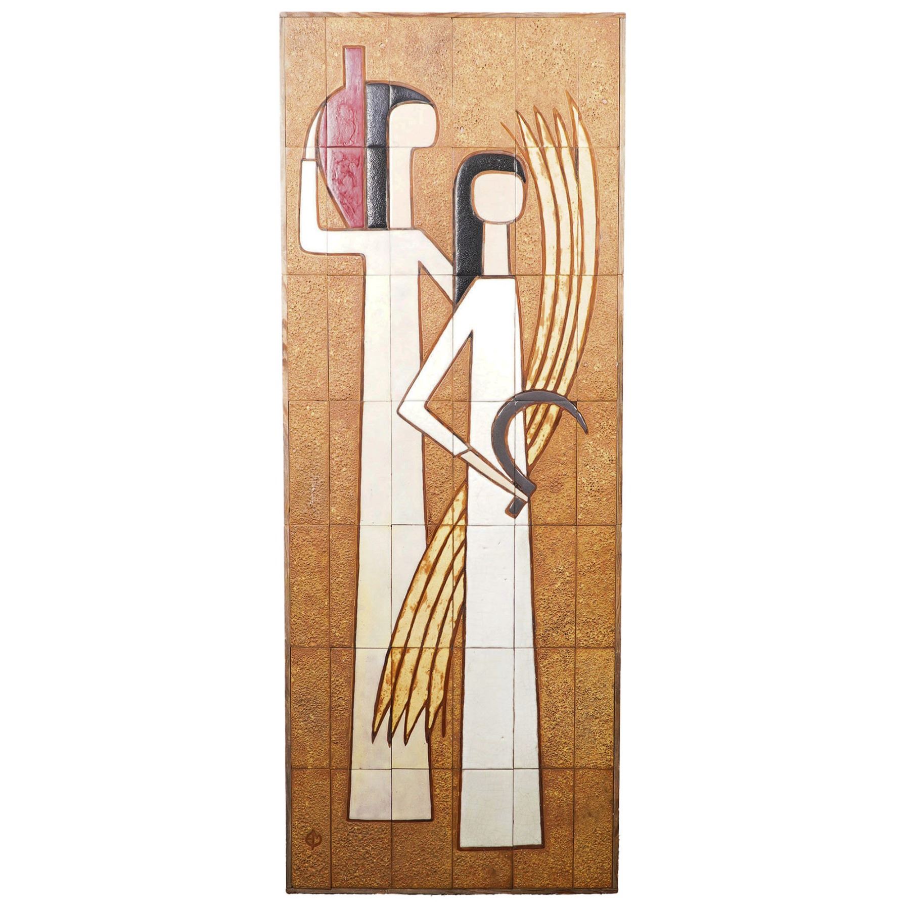 Mid-Century Modern Ceramic Tile Mural w/ Stylized Figures, Monogrammed