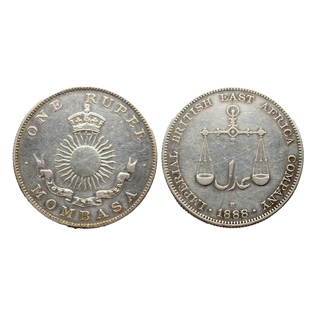 Mombasa, Silver 1 Rupee, 11.56Grms, AD 1888, OBV: Crowned sun, REV ...
