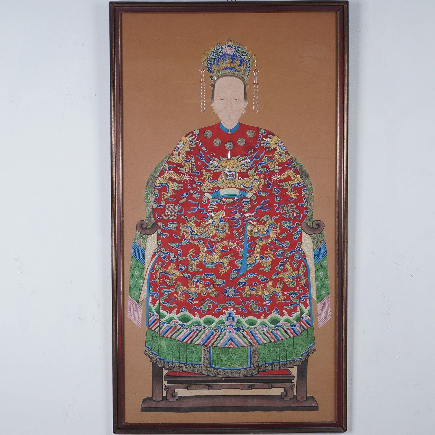 Chinese Ancestral Portrait Painting on Paper w/ Red Seal