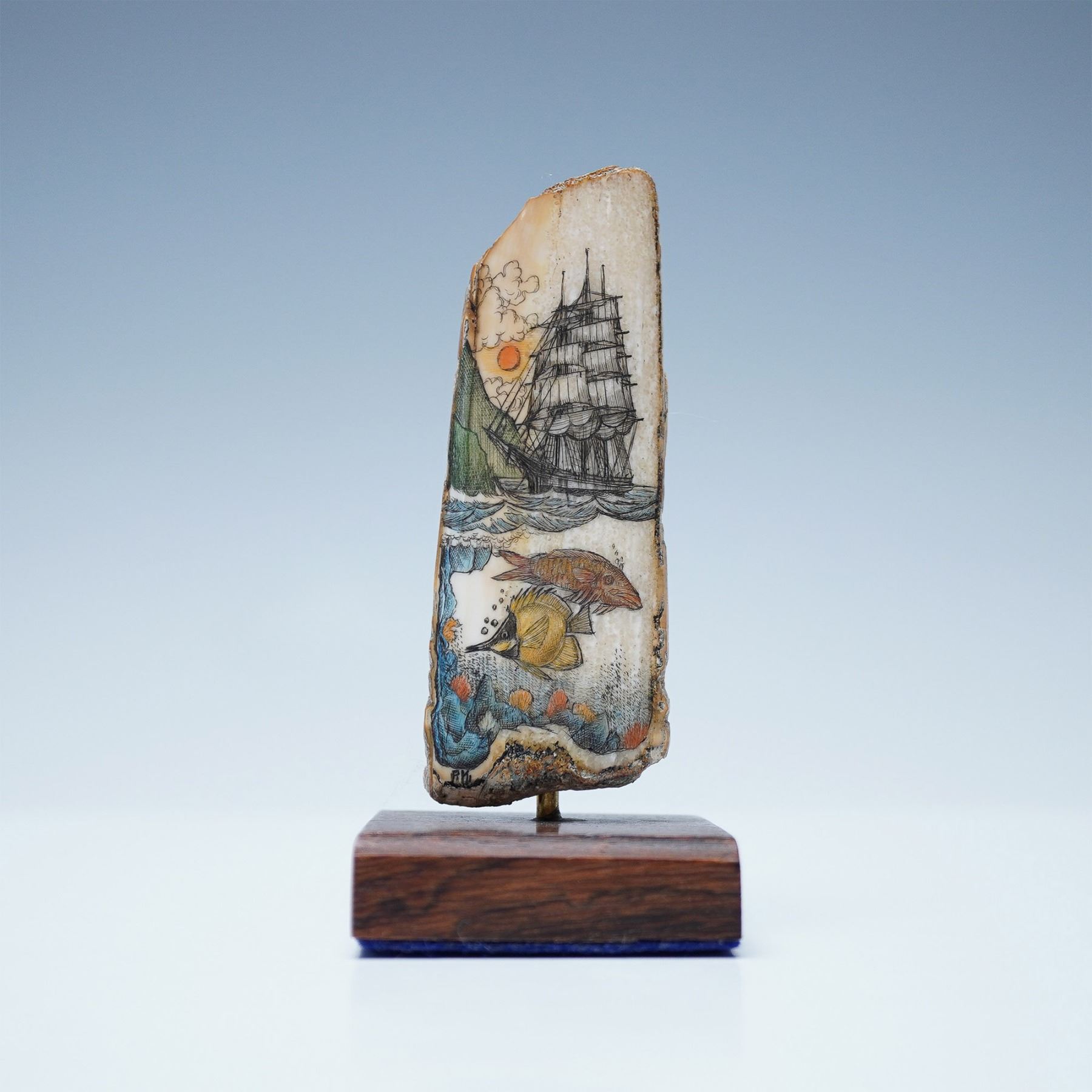 Peter Kinney, Fossilized Walrus Tusk Scrimshaw, Signed