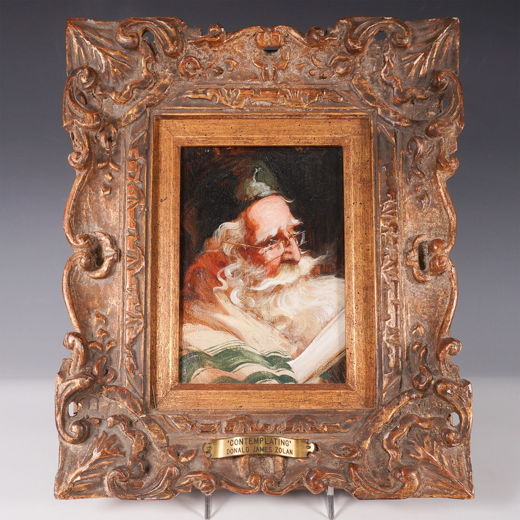 Donald James Zolan Oil Painting on Board, Contemplating, Ornate Gilt Frame